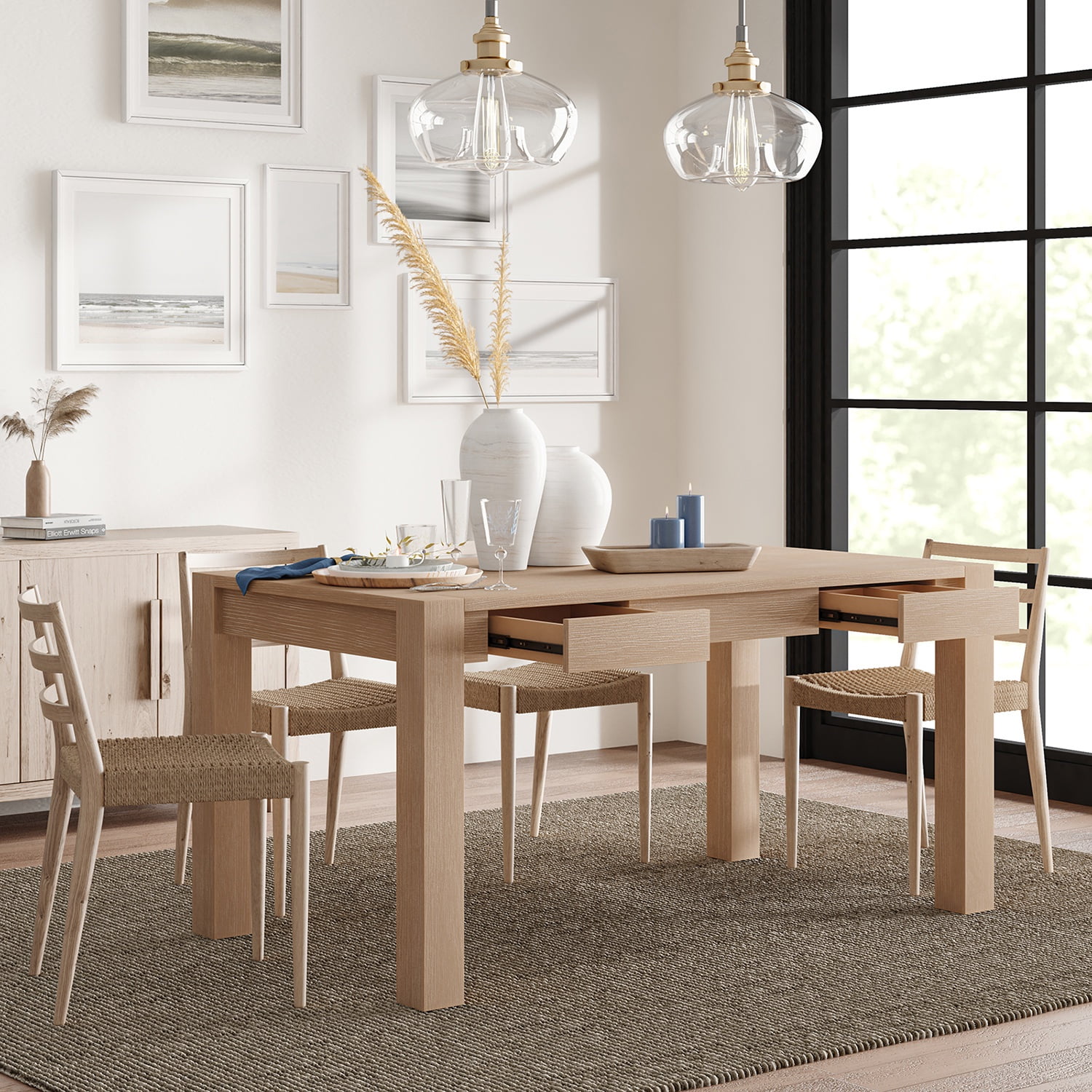 60" Wooden Dining Table with Organized Drawer Rectangle Kitchen Eating ...