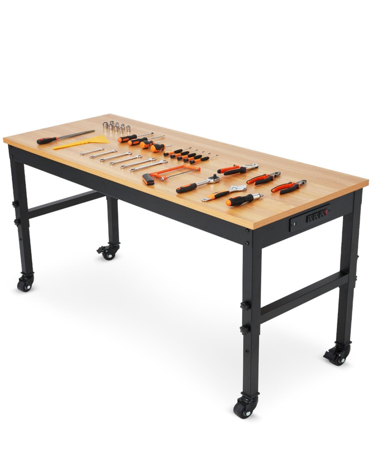 60 In Work Bench, Adjustable Height Workbench, Heavy Duty Rubberwood Tabletop with Lockable ...