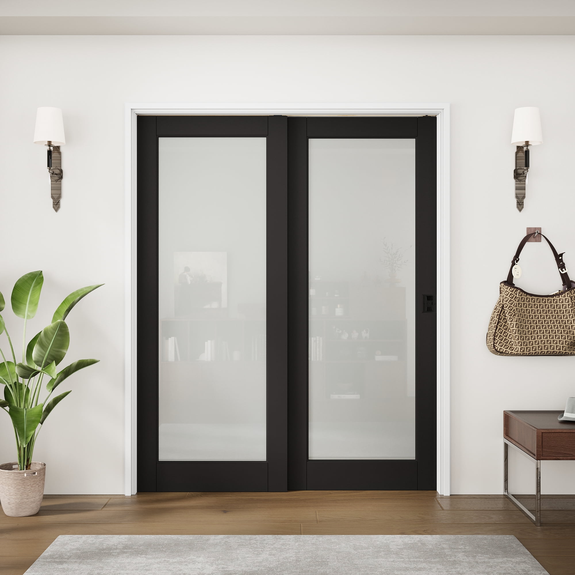 60" X 80" Black 1-Lite Frosted Glass Solid Core Double Sliding Interior ...