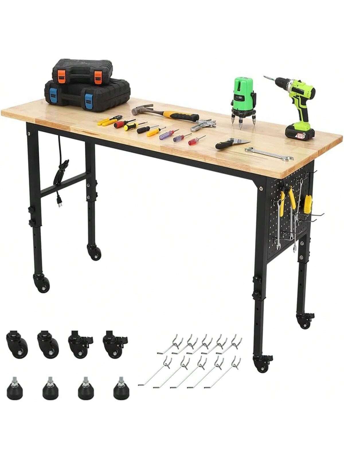 60"X24" Workbench, Heavy Duty Rubber Wood Top Workbench With Pegboard ...