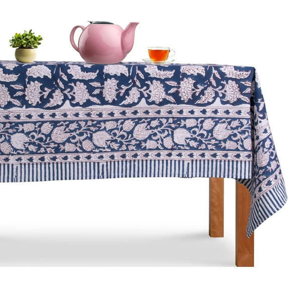 60’’X90” Blue Floral 100% Cotton Hand Block Print Tablecloth, Rectangle ...
