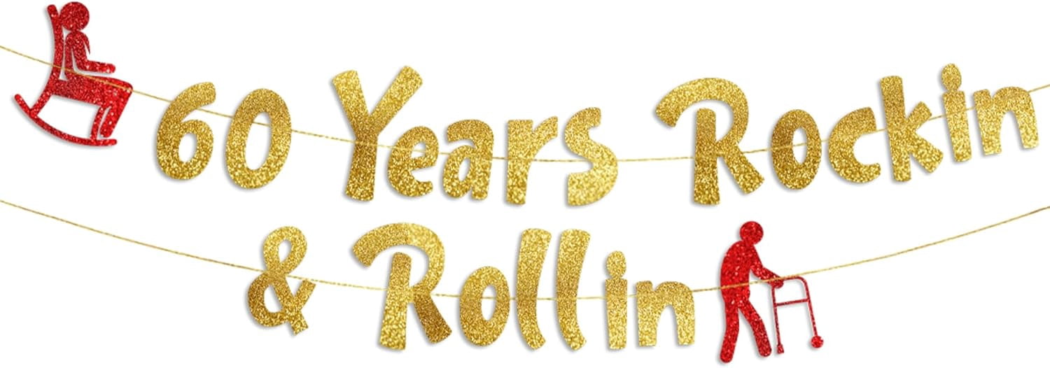 60 Years Rockin & Rollin Gold Glitter Banner - Happy 60th Birthday ...