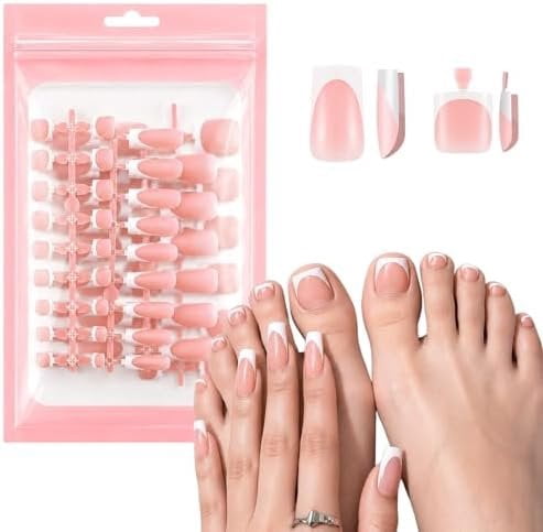 60 count White Tip Press Nails Toenails Set, Medium Square Nude Short ...