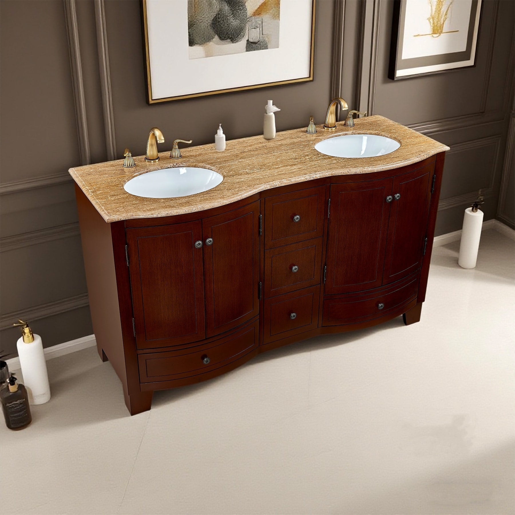 60 in.W x 22 in. D x 36 in Vanity in Dark Cherry with Marble Vanity Top ...