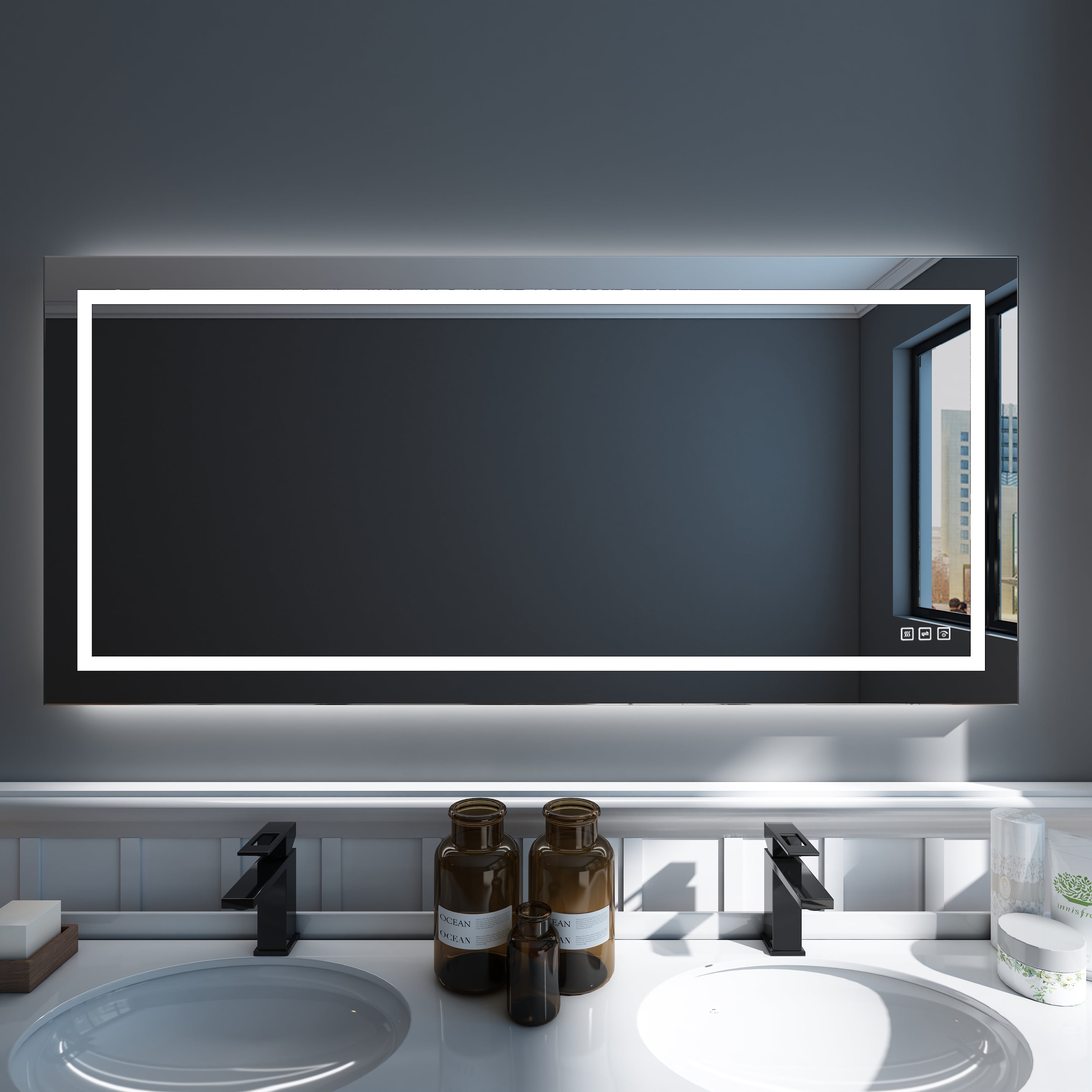 60 in. W x 28 in. H Rectangular Frameless Wall Bathroom Vanity Mirror ...