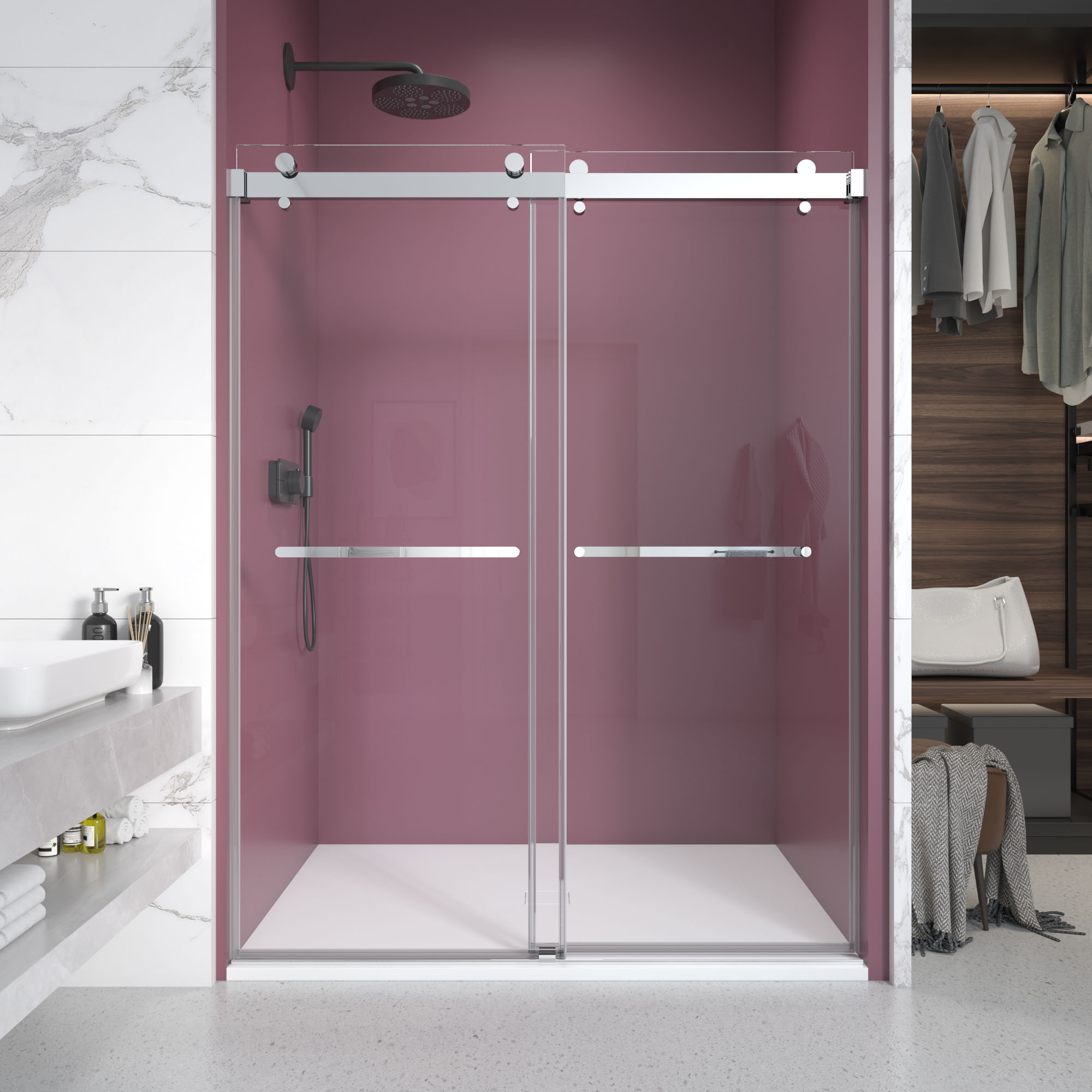 DreamLine 36 in. D x 36 in. W x 76 3/4 in. H Center Drain Acrylic Shower Base and QWALL-5 ...