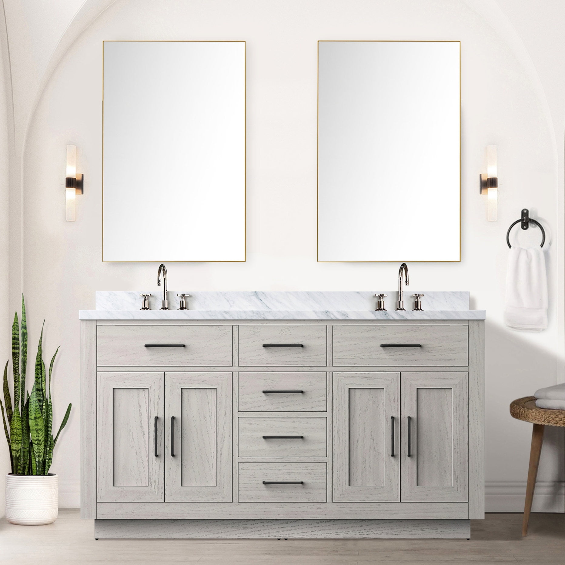 60 in. Wide White Oak Double Bathroom Vanity, Carrara Marble / Vanity ...
