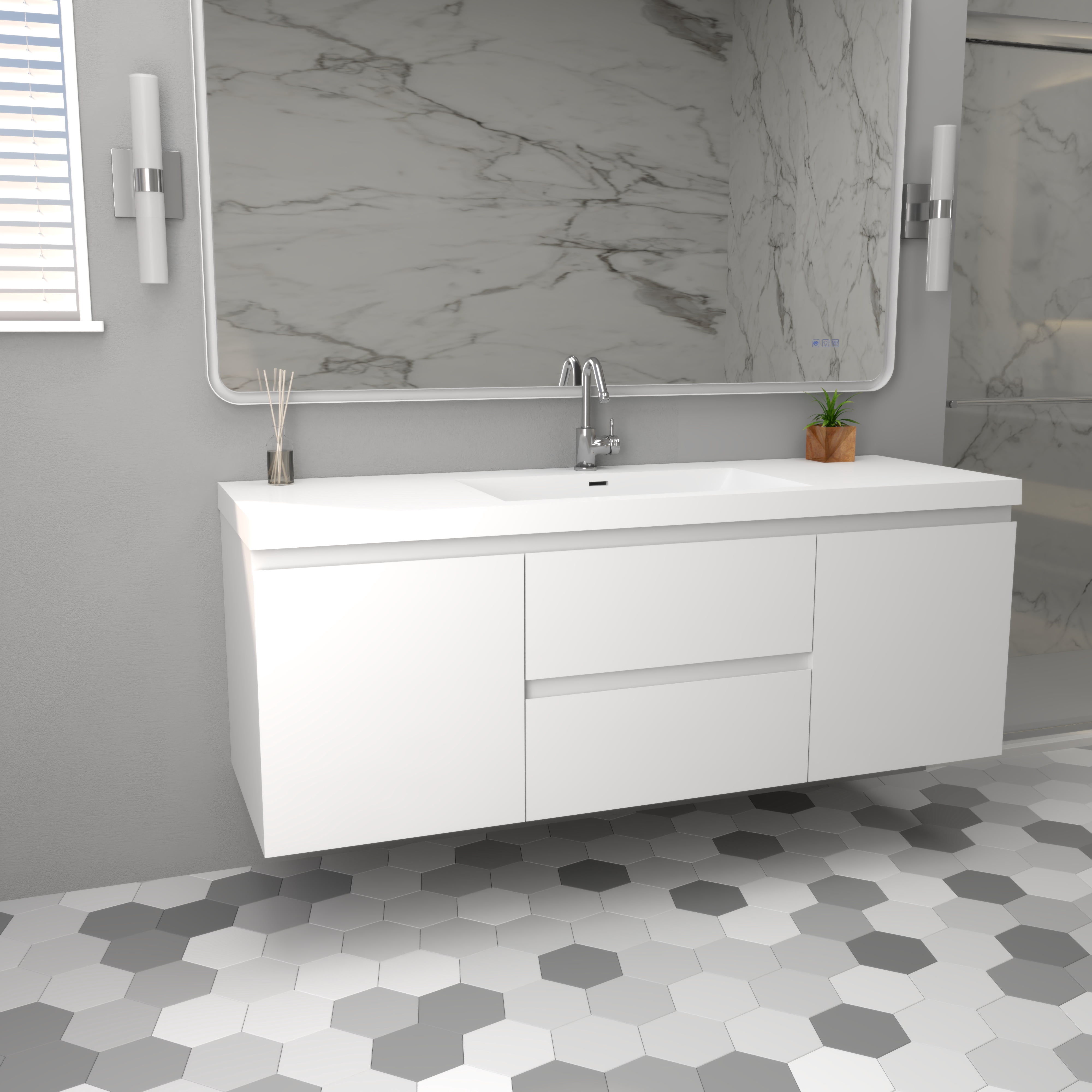 60 in wall mounted White bathroom vanity with White sink, 2 doors & 2 ...