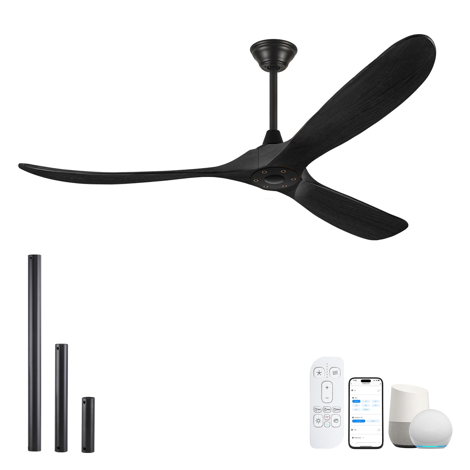 60 inch Black Smart Ceiling Fan without Light, Wood 3-Blades Indoor ...