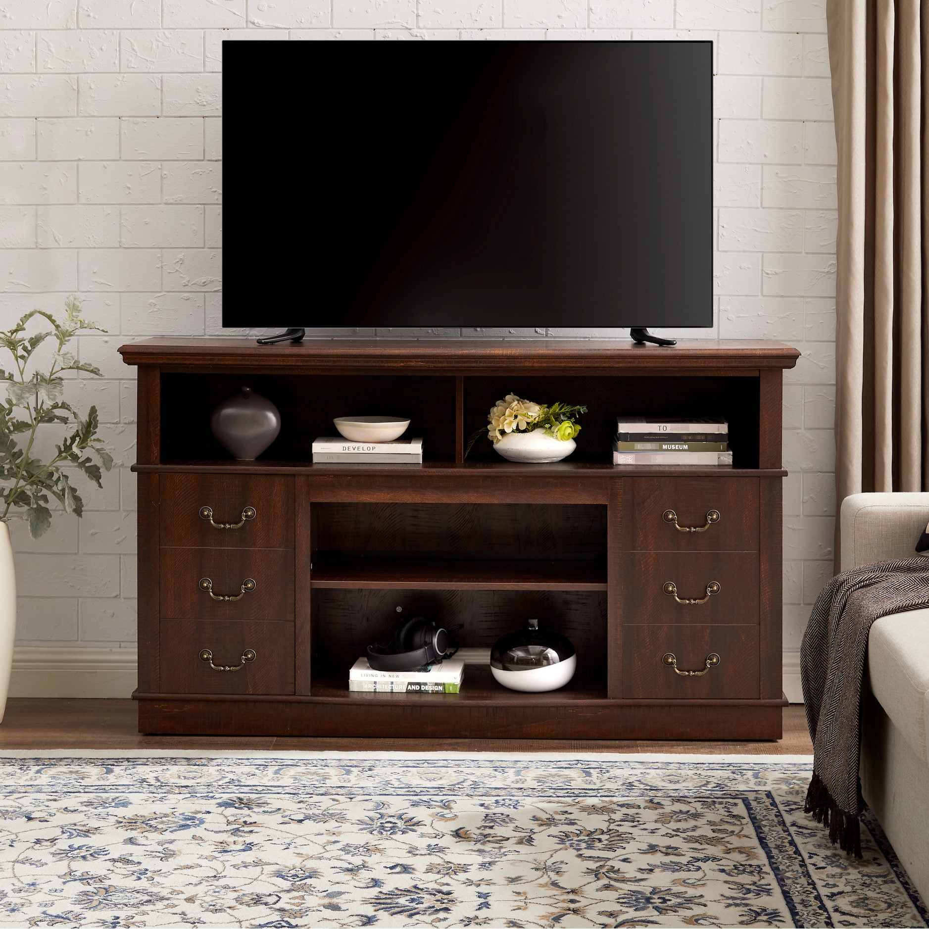60-inch Espresso TV Stand with Large Pass-throughs for Easy Cable ...