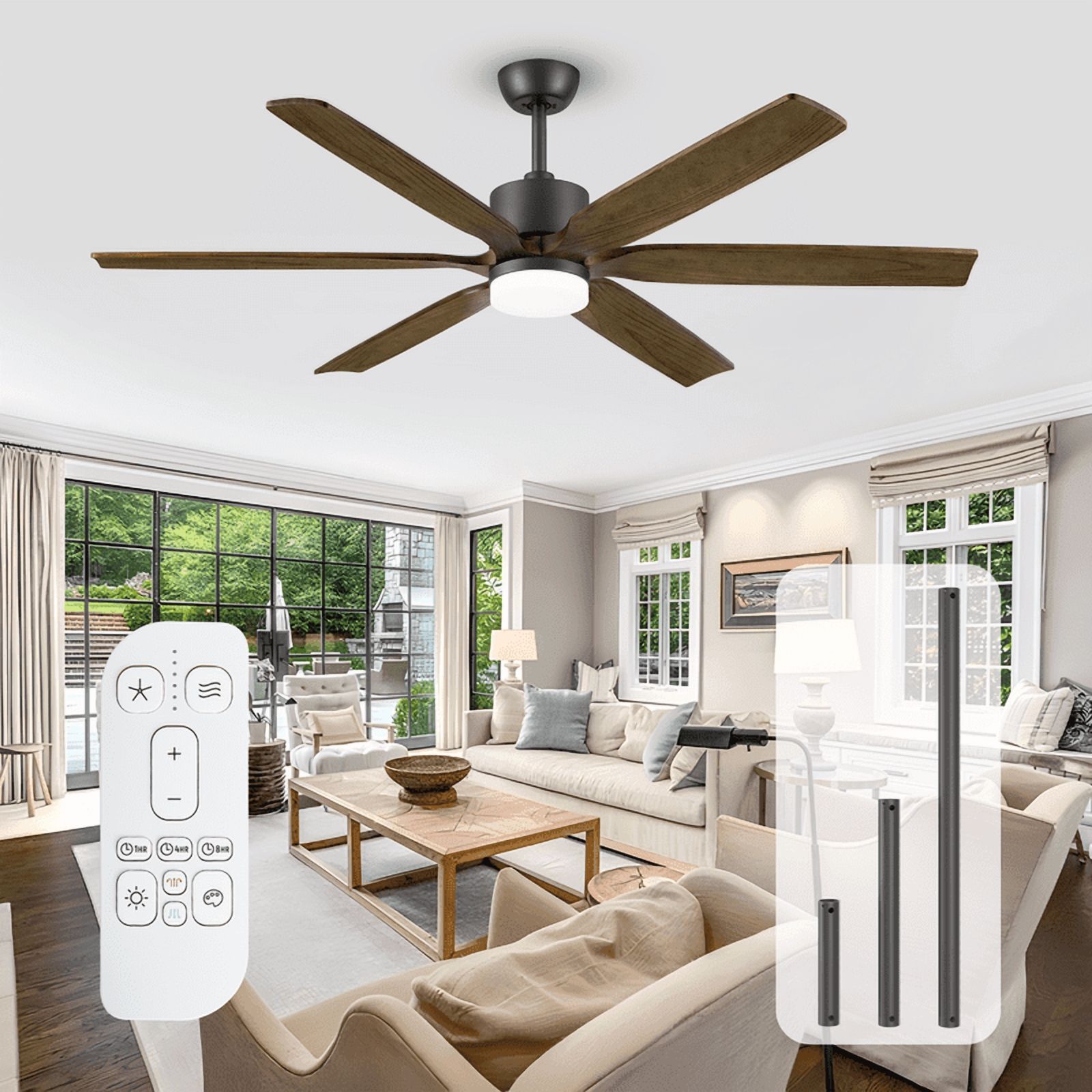 60 inch Farmhouse Ceiling Fan with Lights Remote, 6 Blades Wood High ...