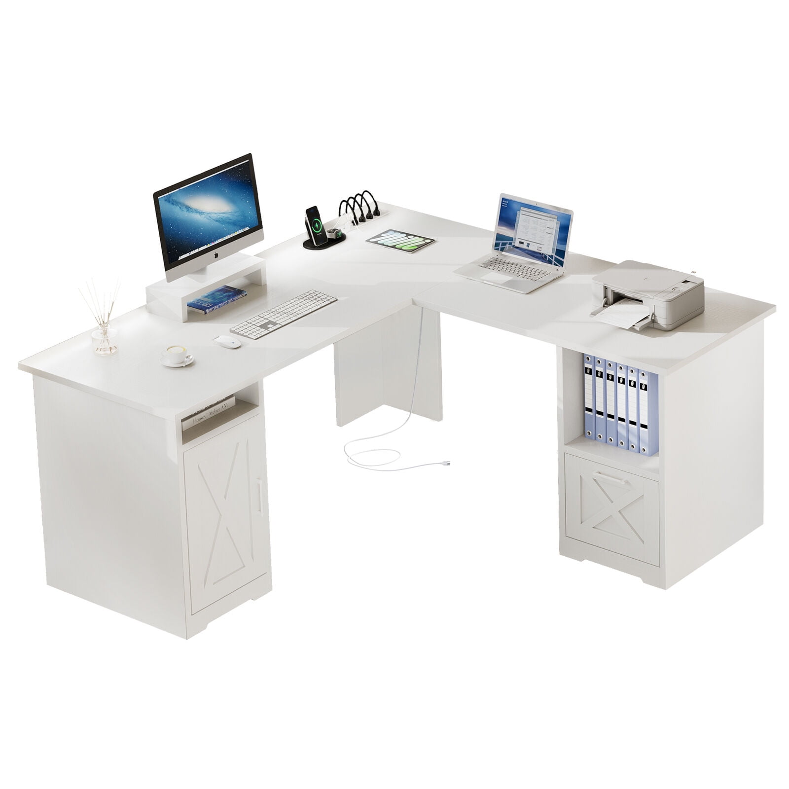 60 inch L-Shaped Executive Desk with File Cabinet Power Outlets ...