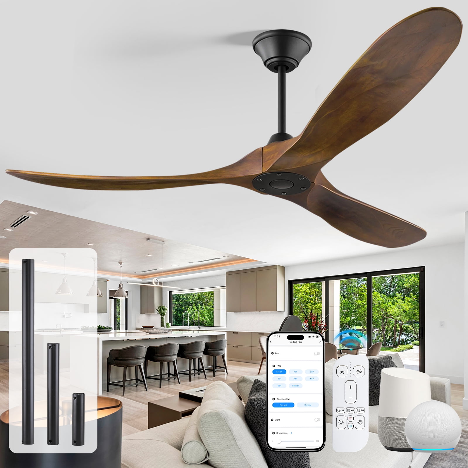 60 inch Outdoor Ceiling Fan No Light, High CFM Voice/App/Remote Smart ...
