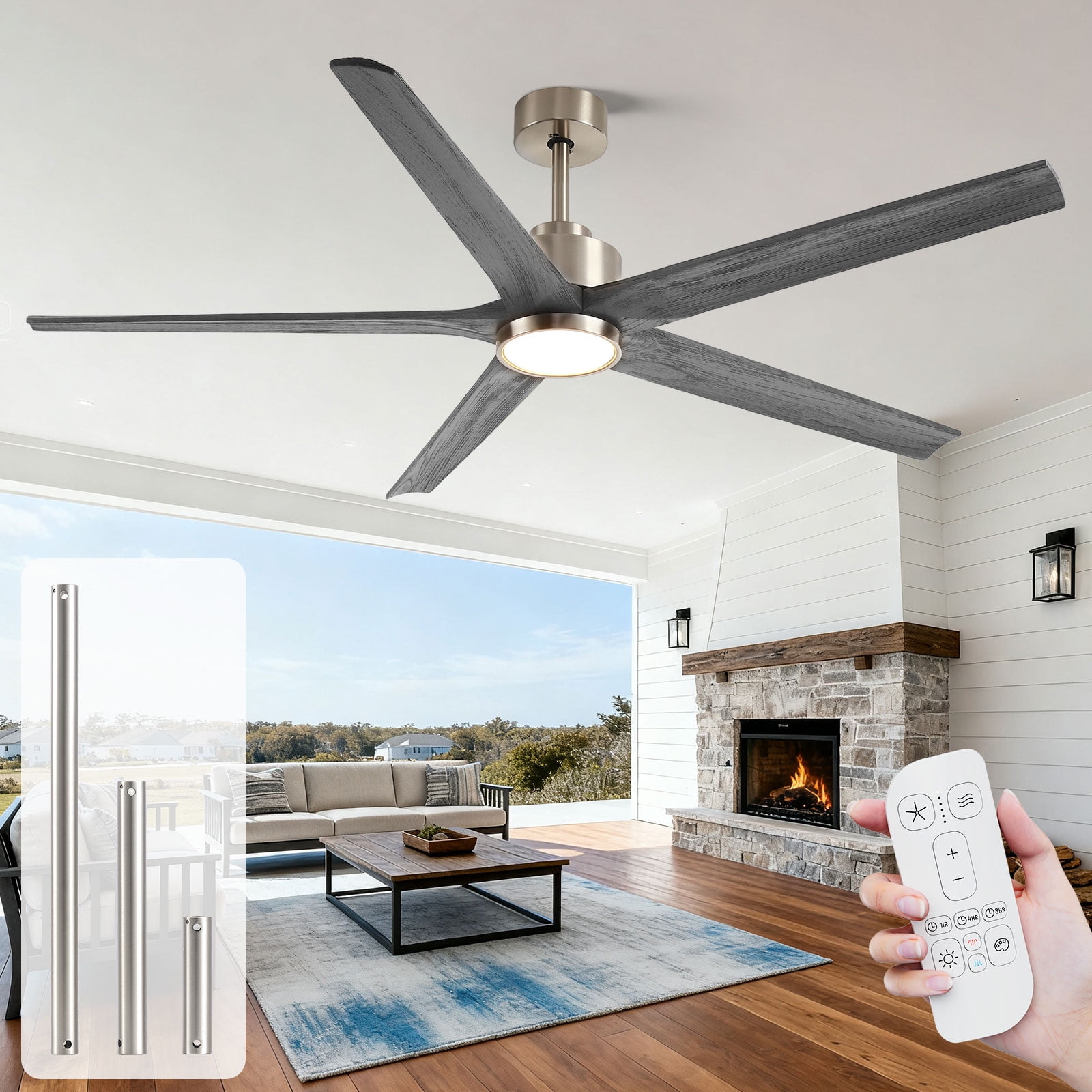 60 inch Outdoor Ceiling Fan with Remote, Classic Gray 5 Blades Wooden ...
