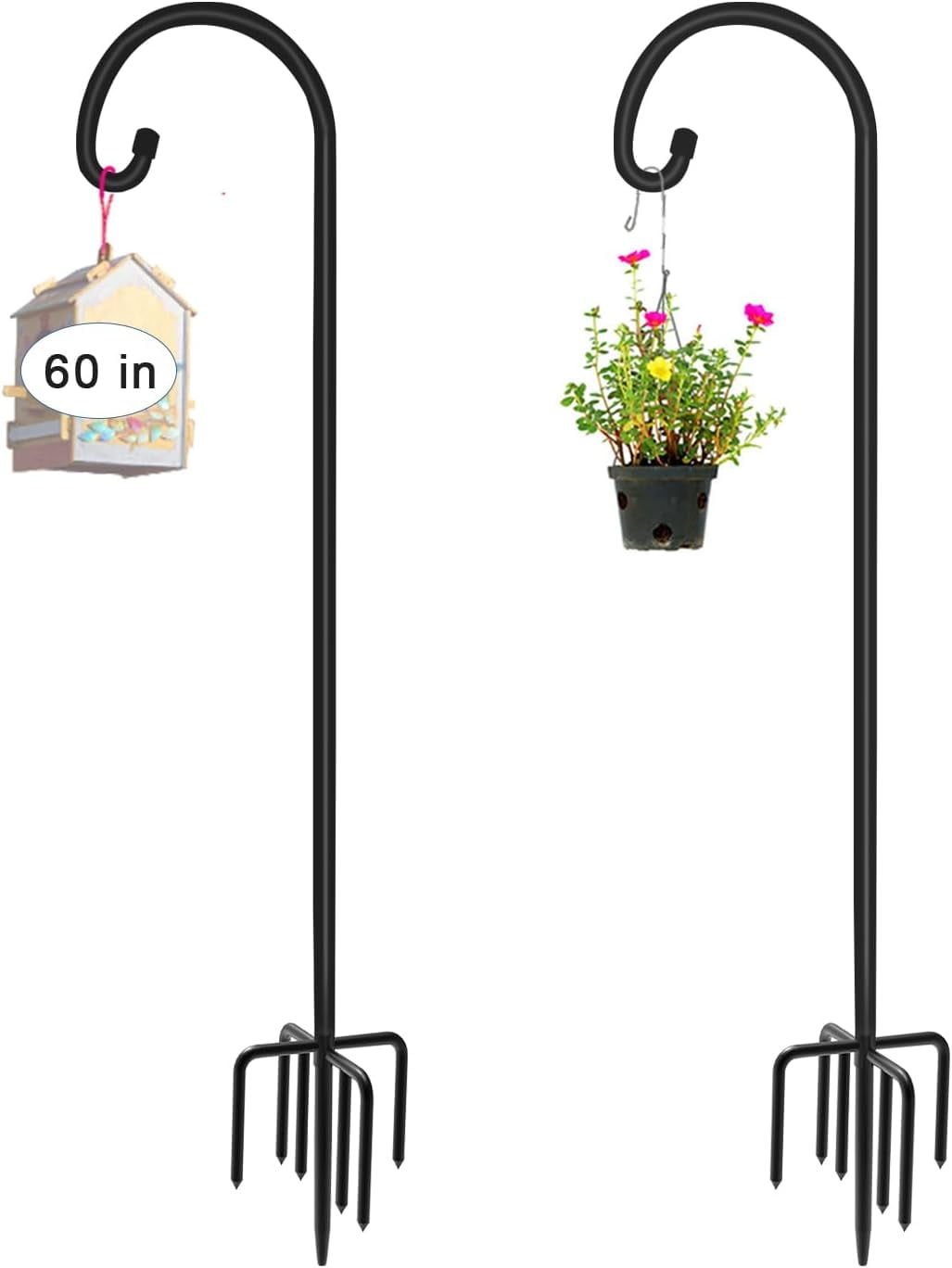 60 inch Outdoor Shepherd Hook with 5 Prong Base (2 Packs), Adjustable ...