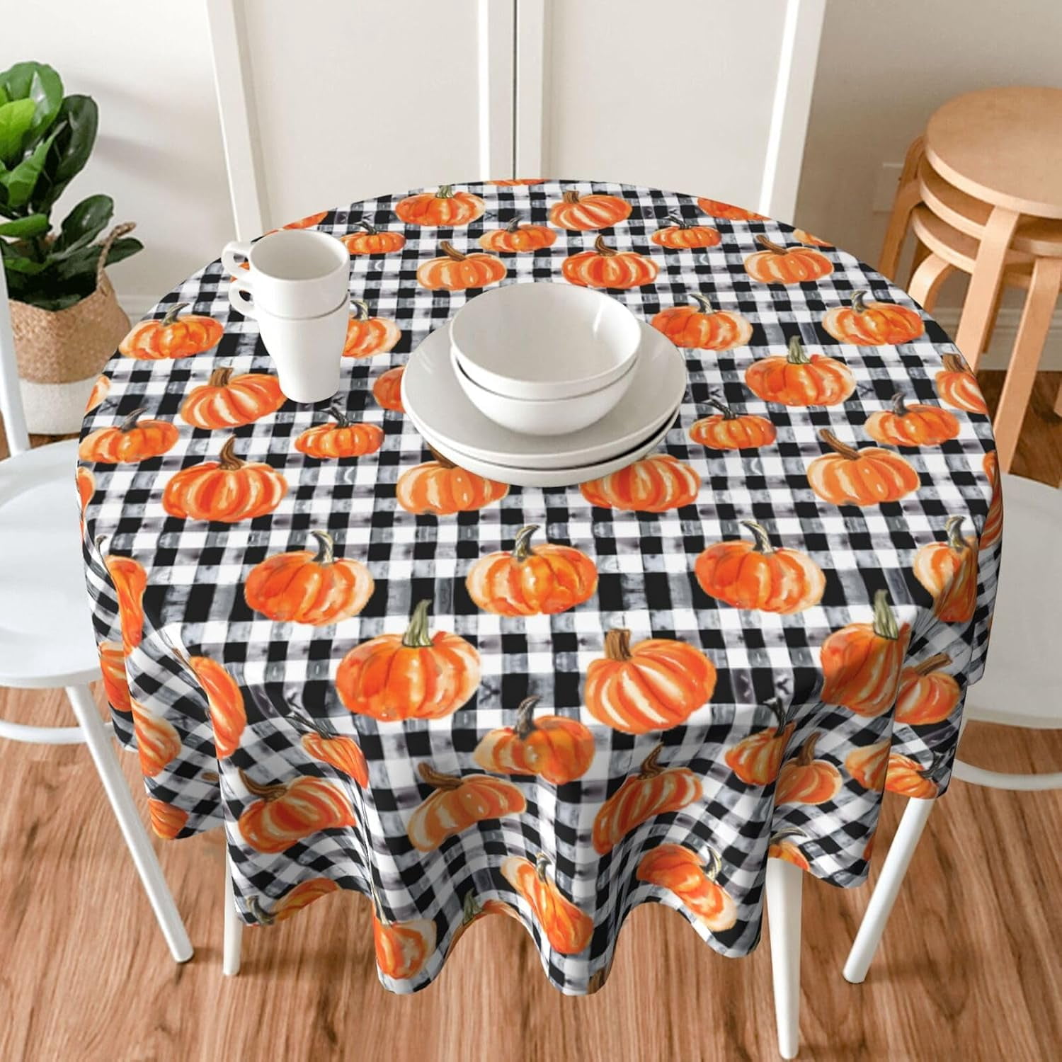 60 inch Round Tablecloth, Fall Pumpkins Gingham Stain Winkle Resistant ...