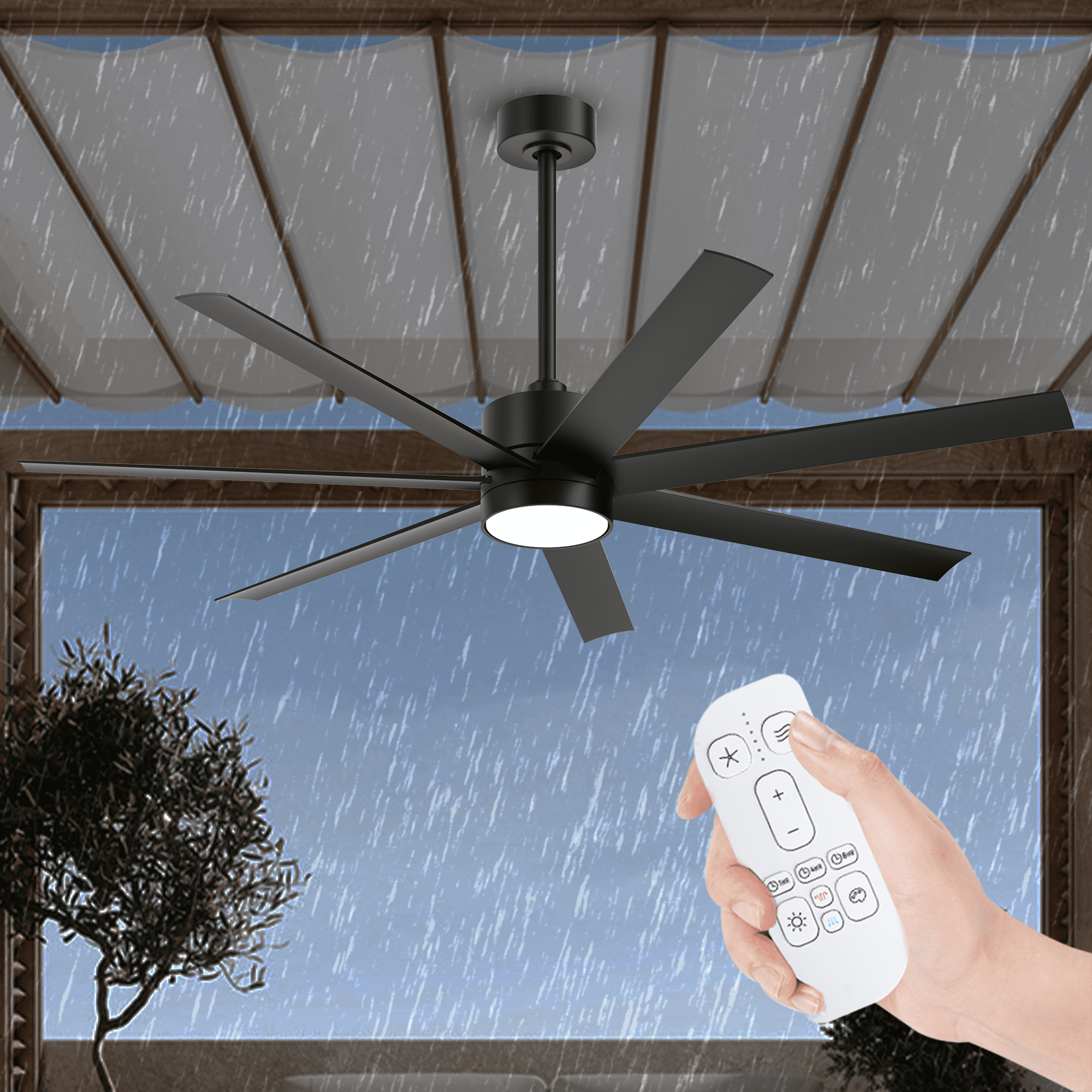 56" Black Outdoor Fans for Patios with Lights, IP66 Waterproof ABS 7 ...