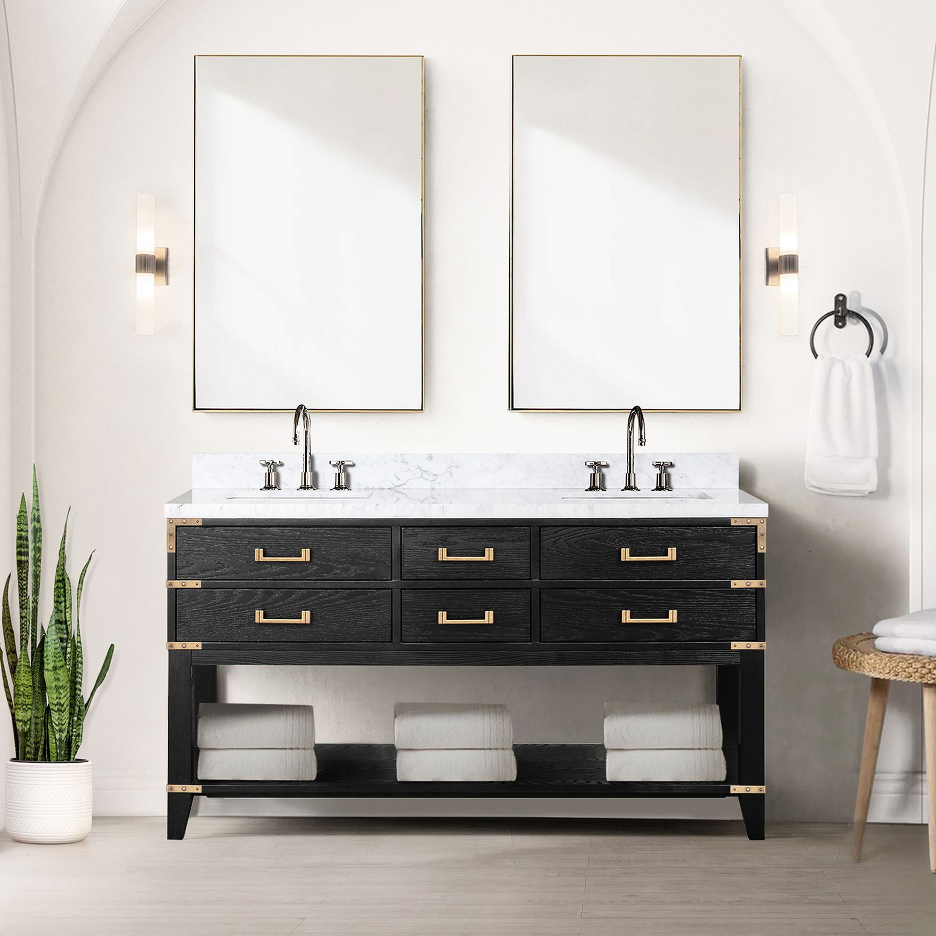 60 - inch Wide Black Oak Double Vanity with Soft - Close | Four Drawers ...