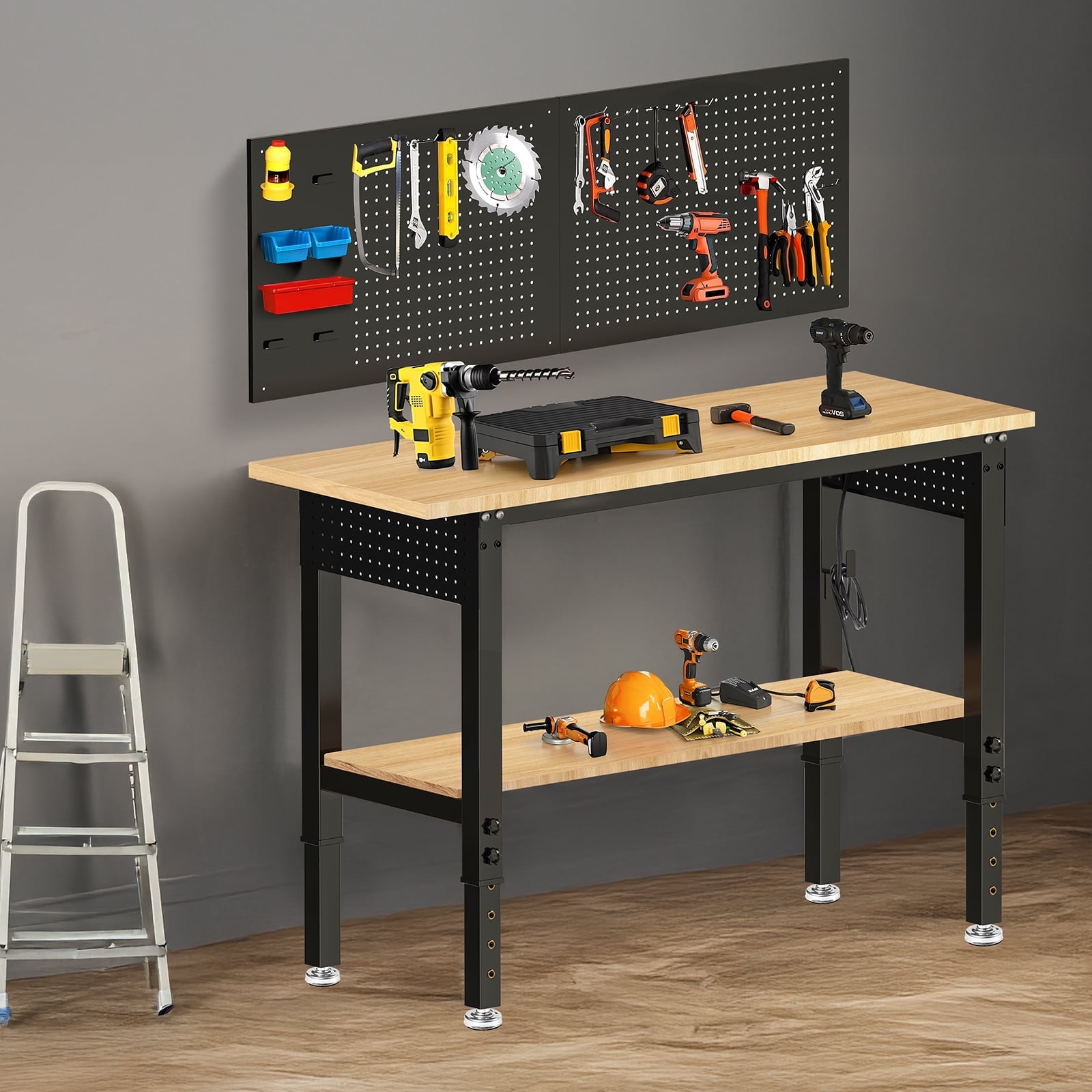 60 inch Workbench for Garage, Heavy-Duty 2 Tier Wood Work Bench with ...