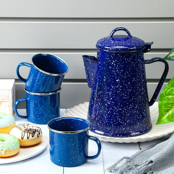 60 oz Enamelware Campfire Coffee Boiler Kettle Pot with 6 Pcs 12 oz ...