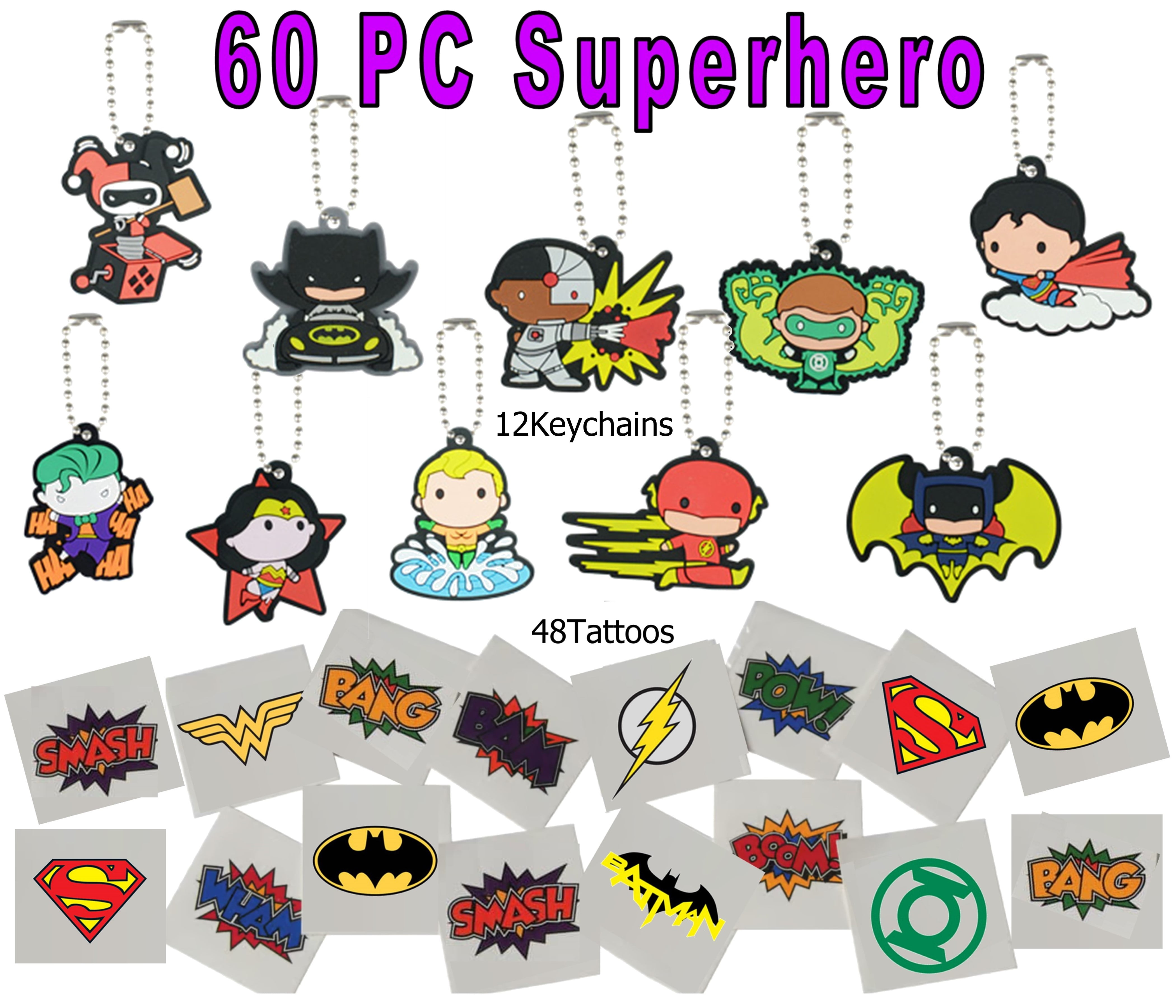 60 pc Superhero Party Favor Pack (12 Superhero Keychains & 48 Superhero ...