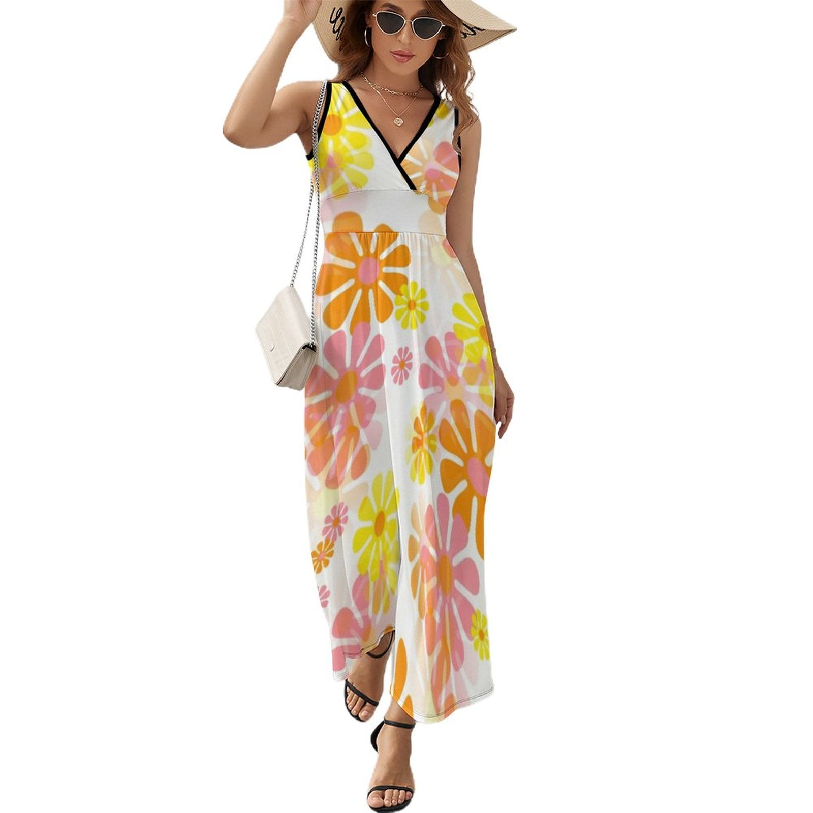 60's Retro Groovy Mod Flowers In Pink Orange and Yellow Sleeveless ...