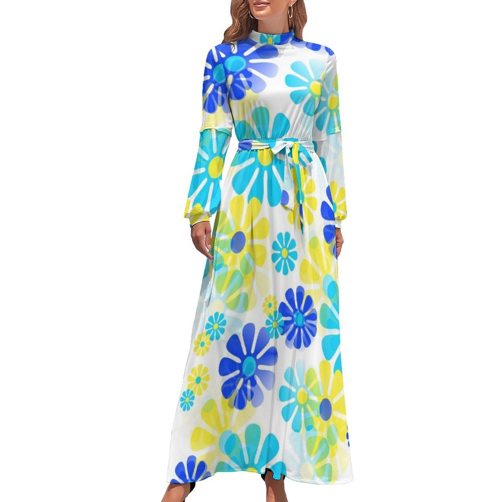 60's Retro Groovy Mod Flowers in Yellow Aqua and Blue Long Dress Womens ...
