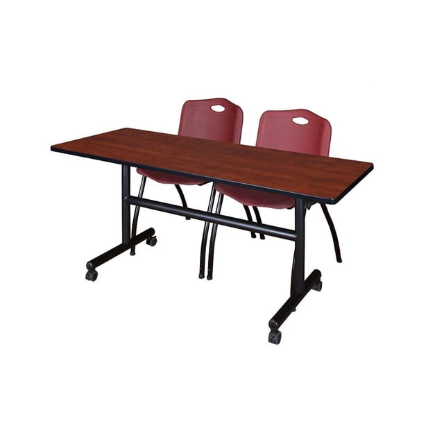 60" x 30" Flip Top Mobile Training Table- Cherry & 2 Stack Chairs ...