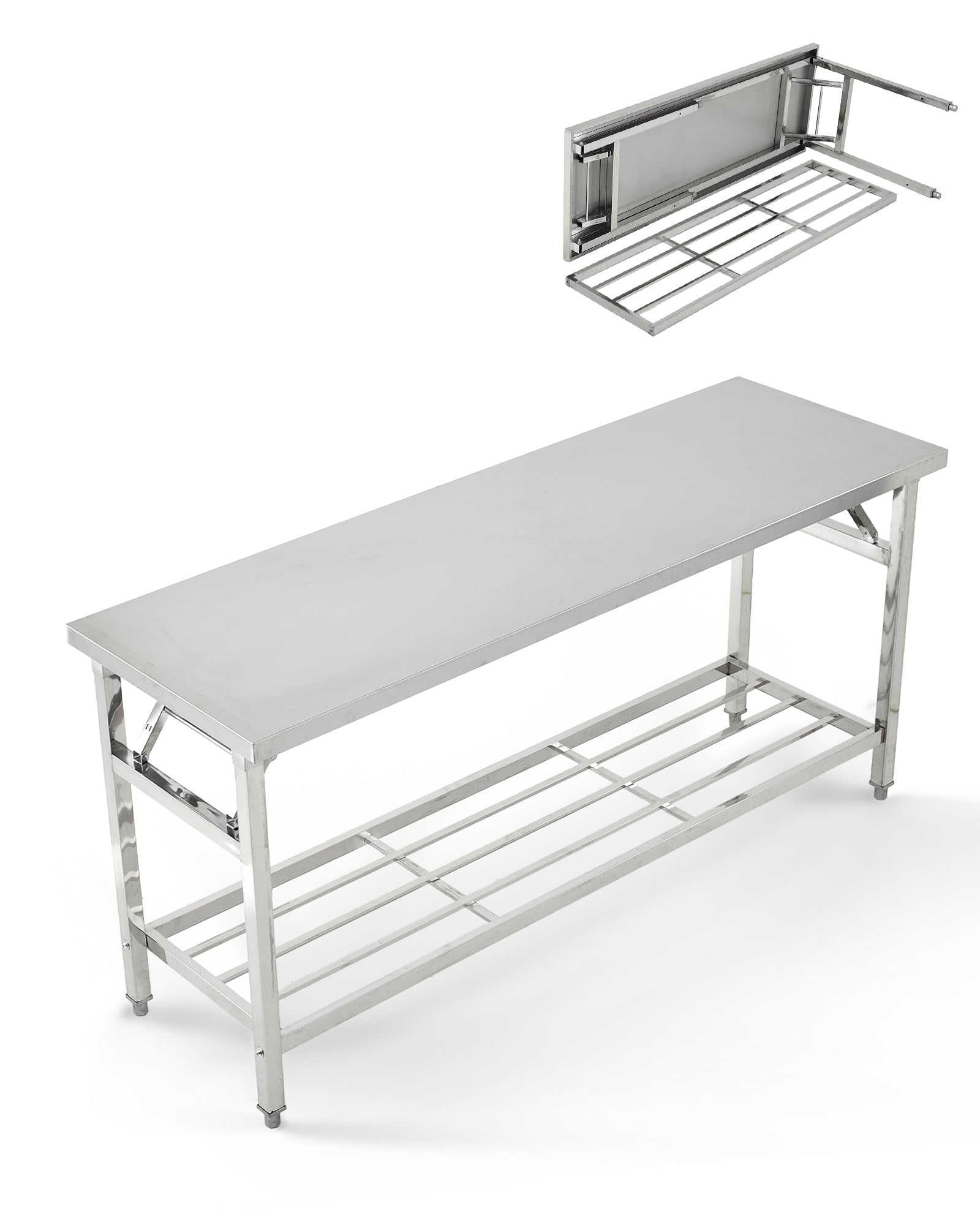 60 x 30 Inch Heavy-Duty Stainless Steel Folding Table with Undershelf ...
