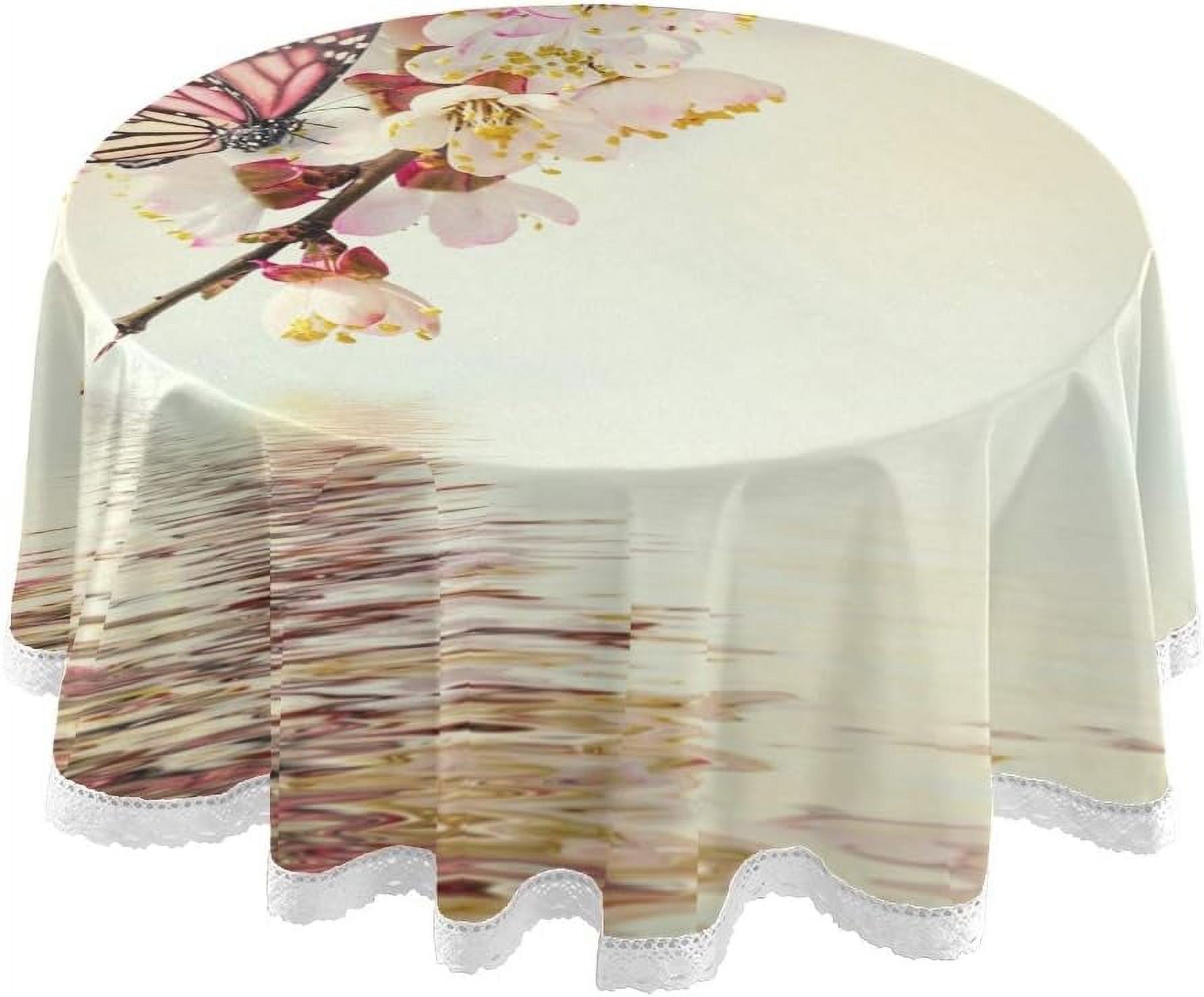 60" x 60"Apricot Flowers with Butterflies Round Table Cloths, Washable ...