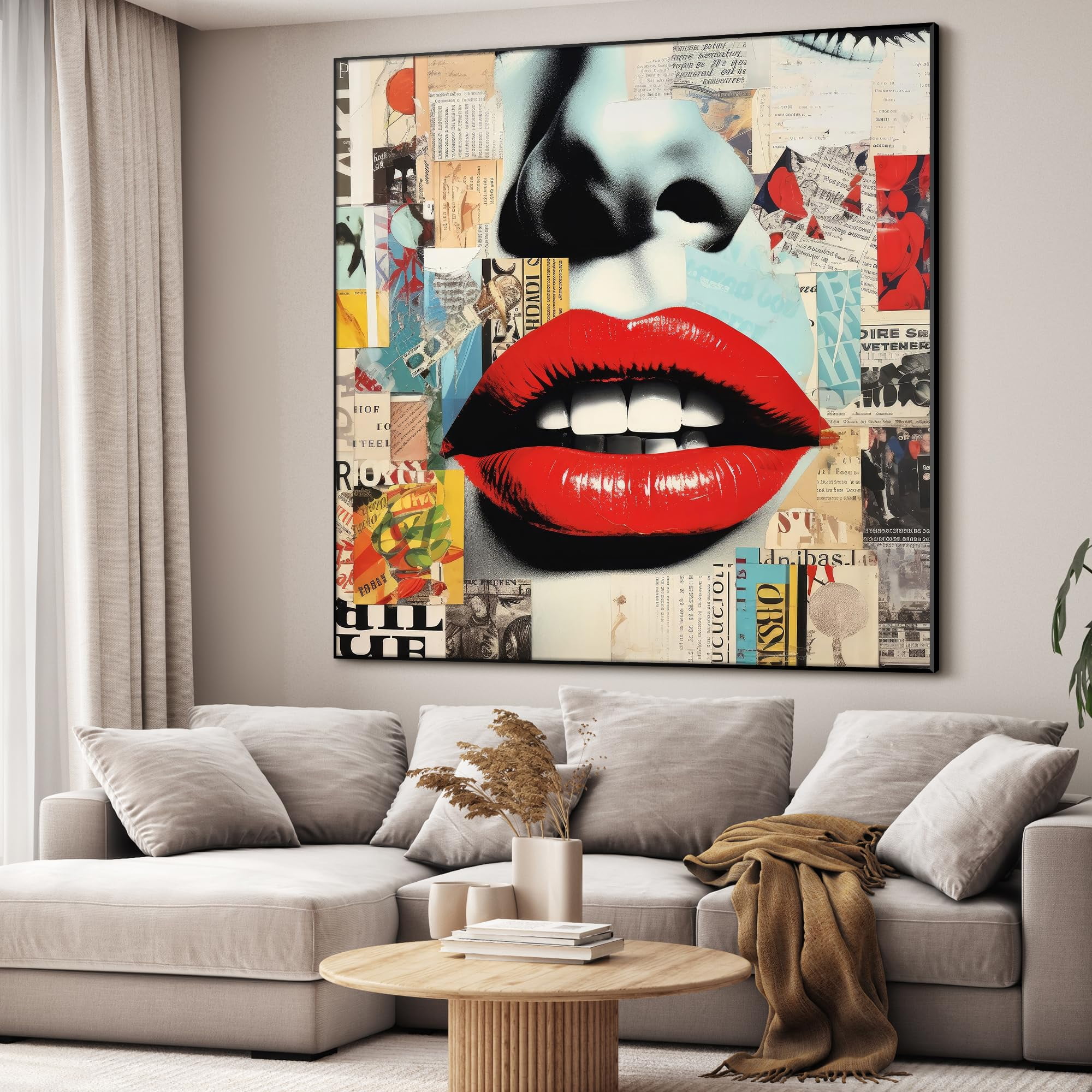 60"x60" XL Framed Wall Art - Floral Pop Art Lips Collage Red Lips ...