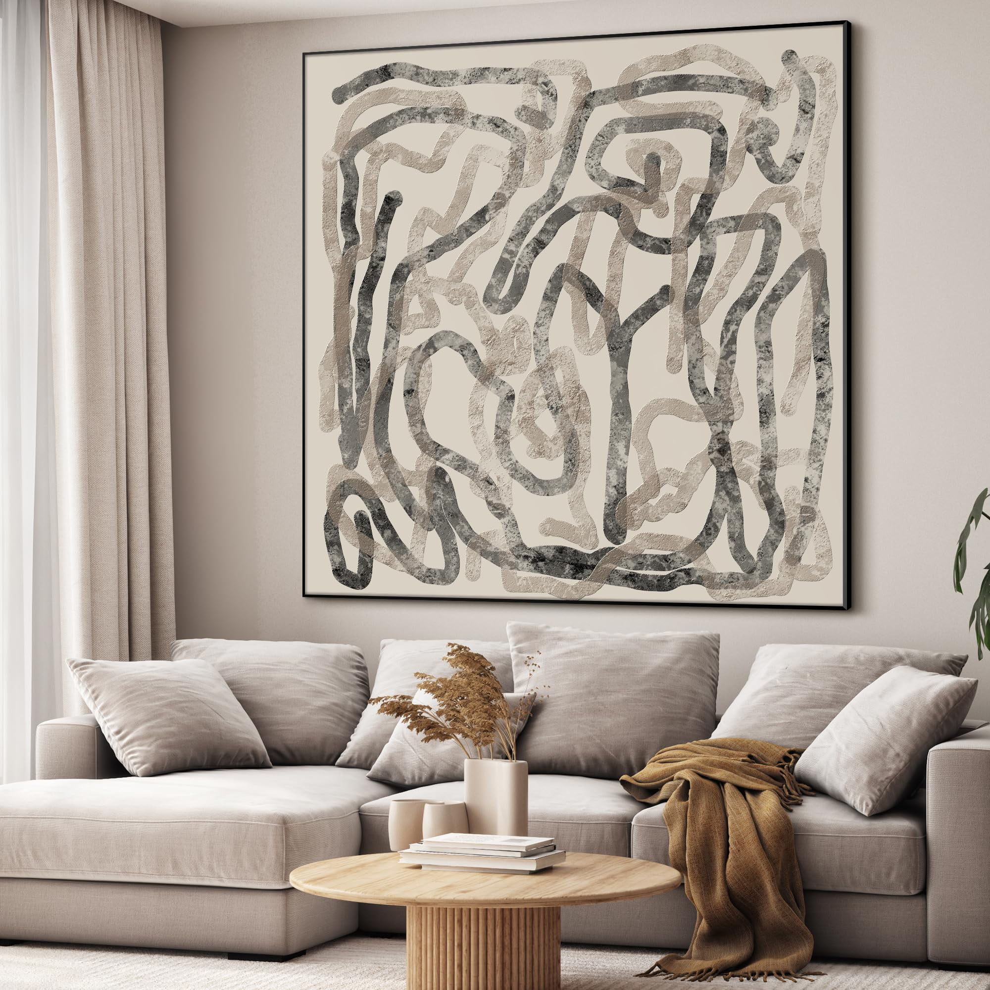 60"x60" XL Framed Wall Art - Modern Black and Beige Curved Line Pattern ...