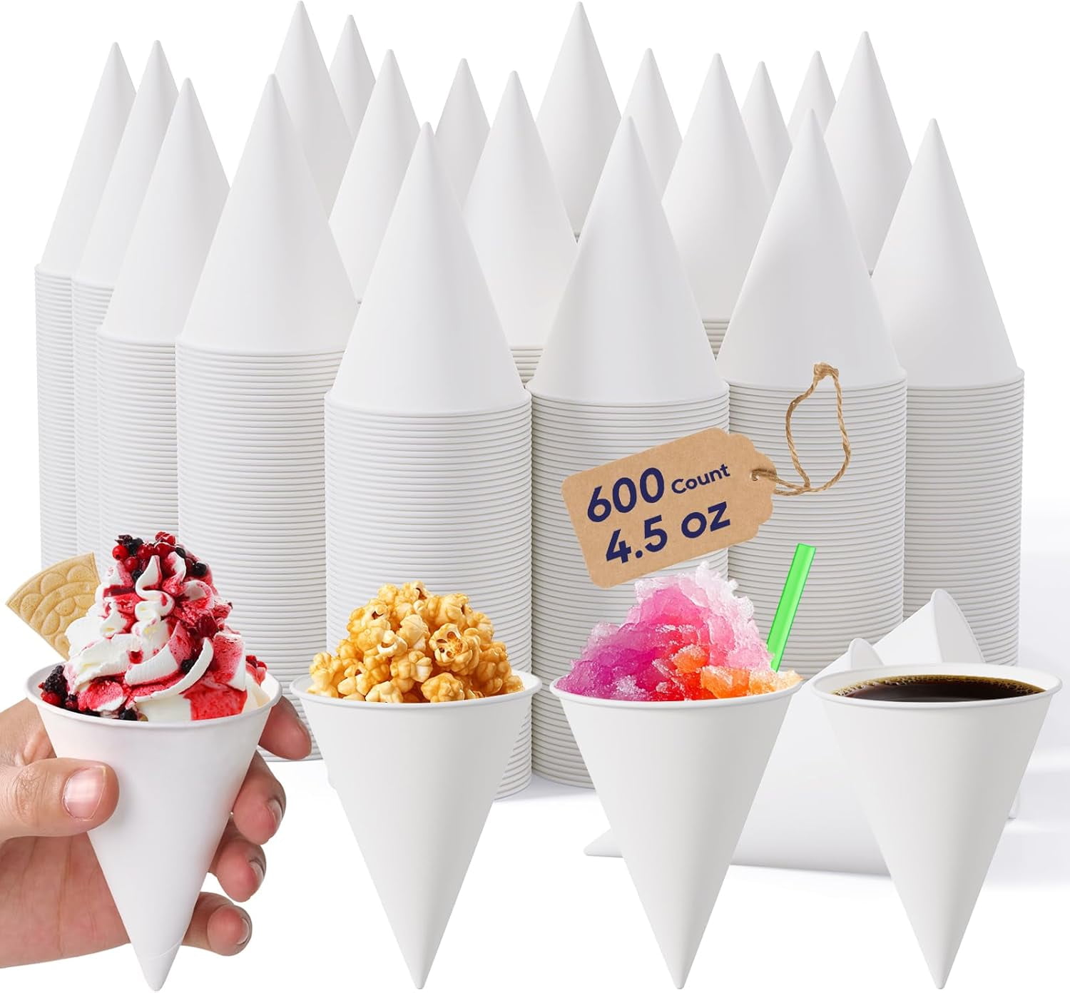 600 Count 4.5 OZ Snow Cone Cups, Paper Cone Cups for Water, Shaved Ice ...