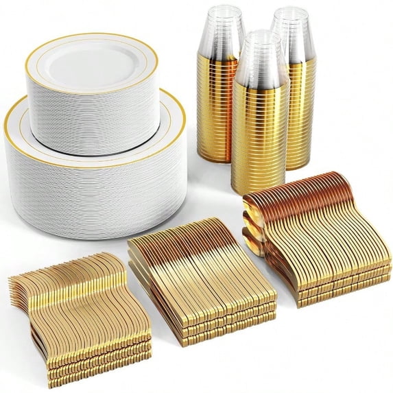 600 Ct Gold Dinnerware Set for 100 Guests - Gold Rimmed Disposable ...