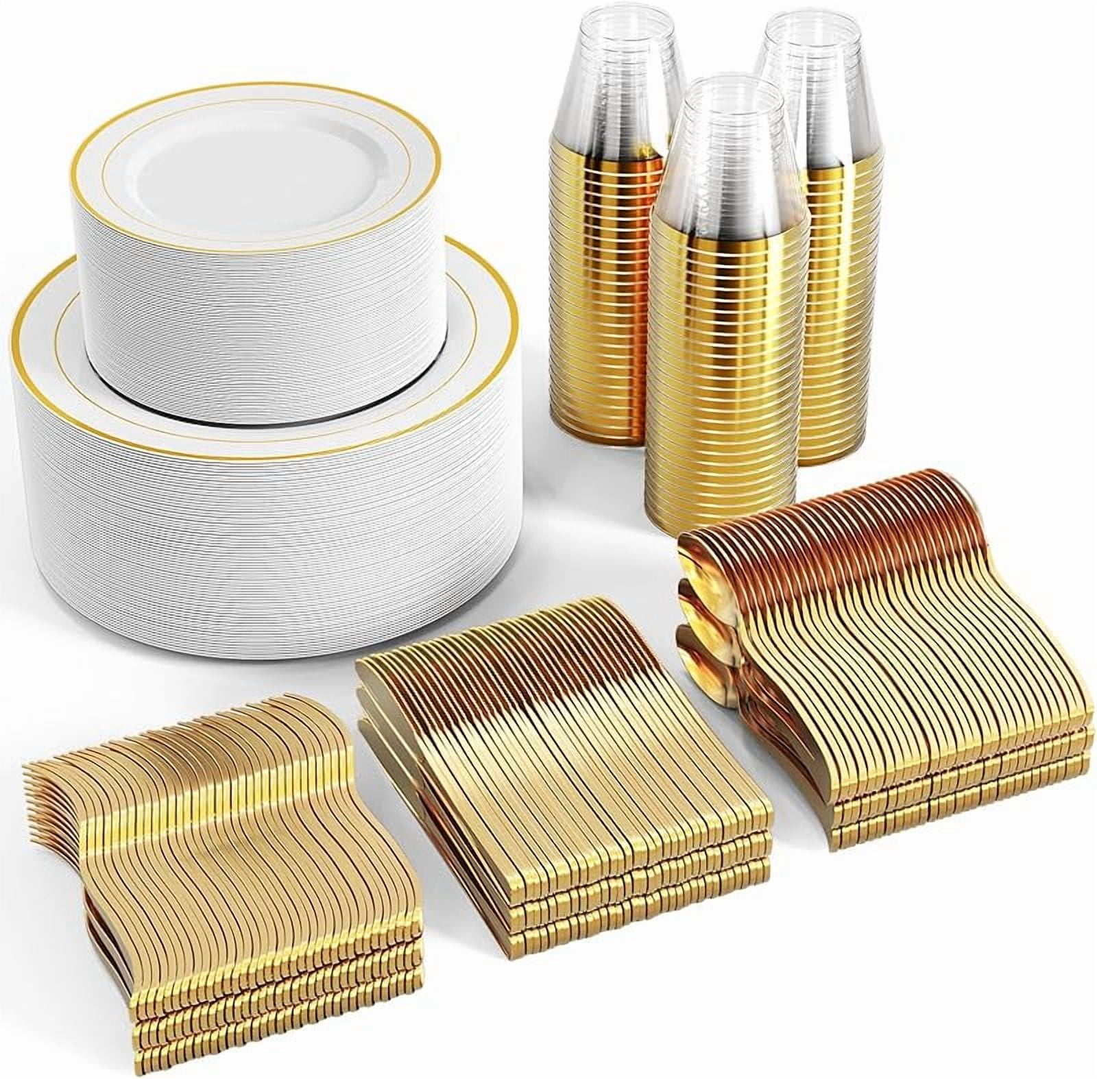 MY 600 Ct Gold Dinnerware Set for 100 Guests - Gold Rimmed Disposable ...