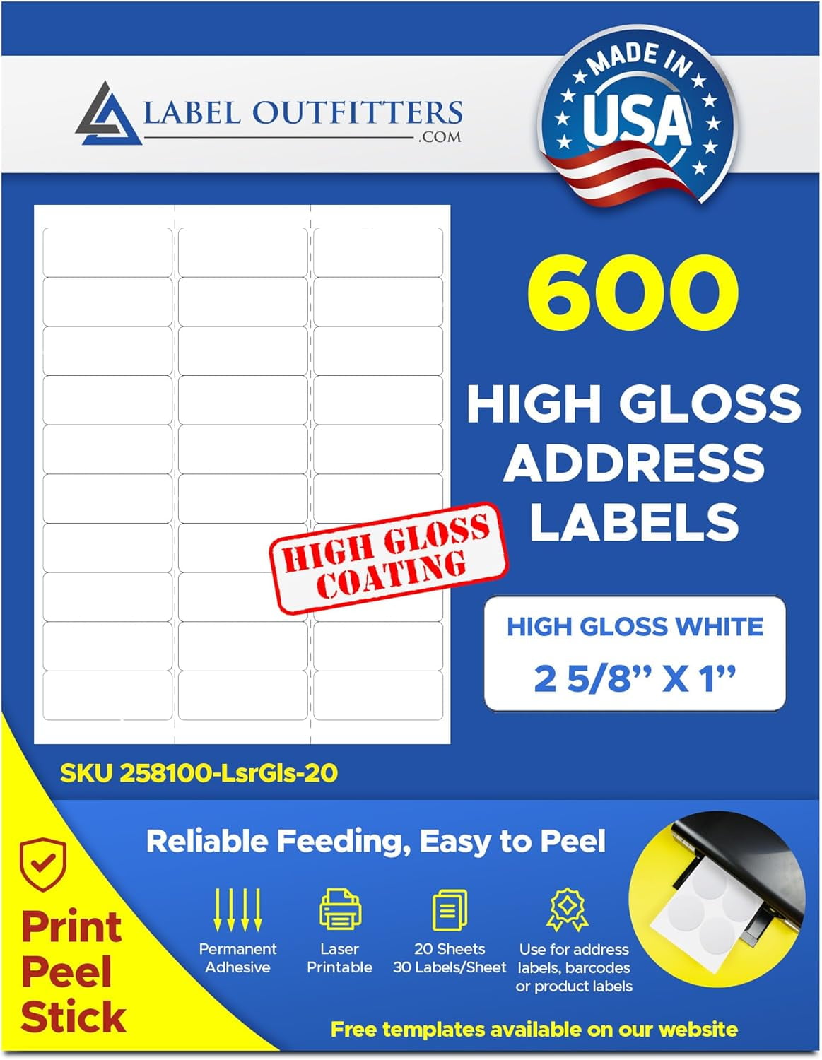 600 Label Outfitters® 2 5/8” x 1” White Printable High Gloss Address ...