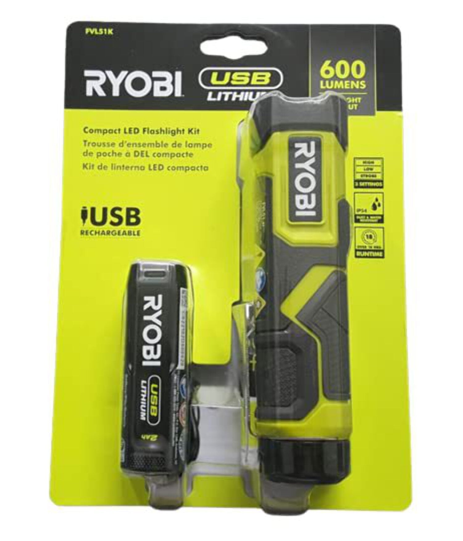 600 Lumens LED USB Lithium Compact Flashlight Kit 3-Mode with Battery ...