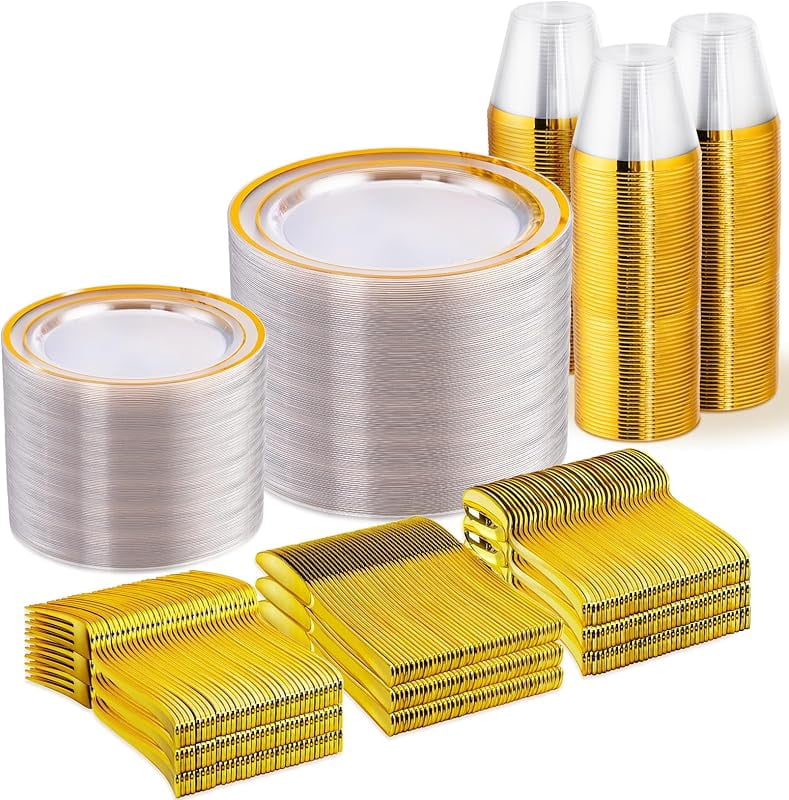 600 PCS Clear Gold Disposable Dinnerware Set for 100 Guests, Clear and ...