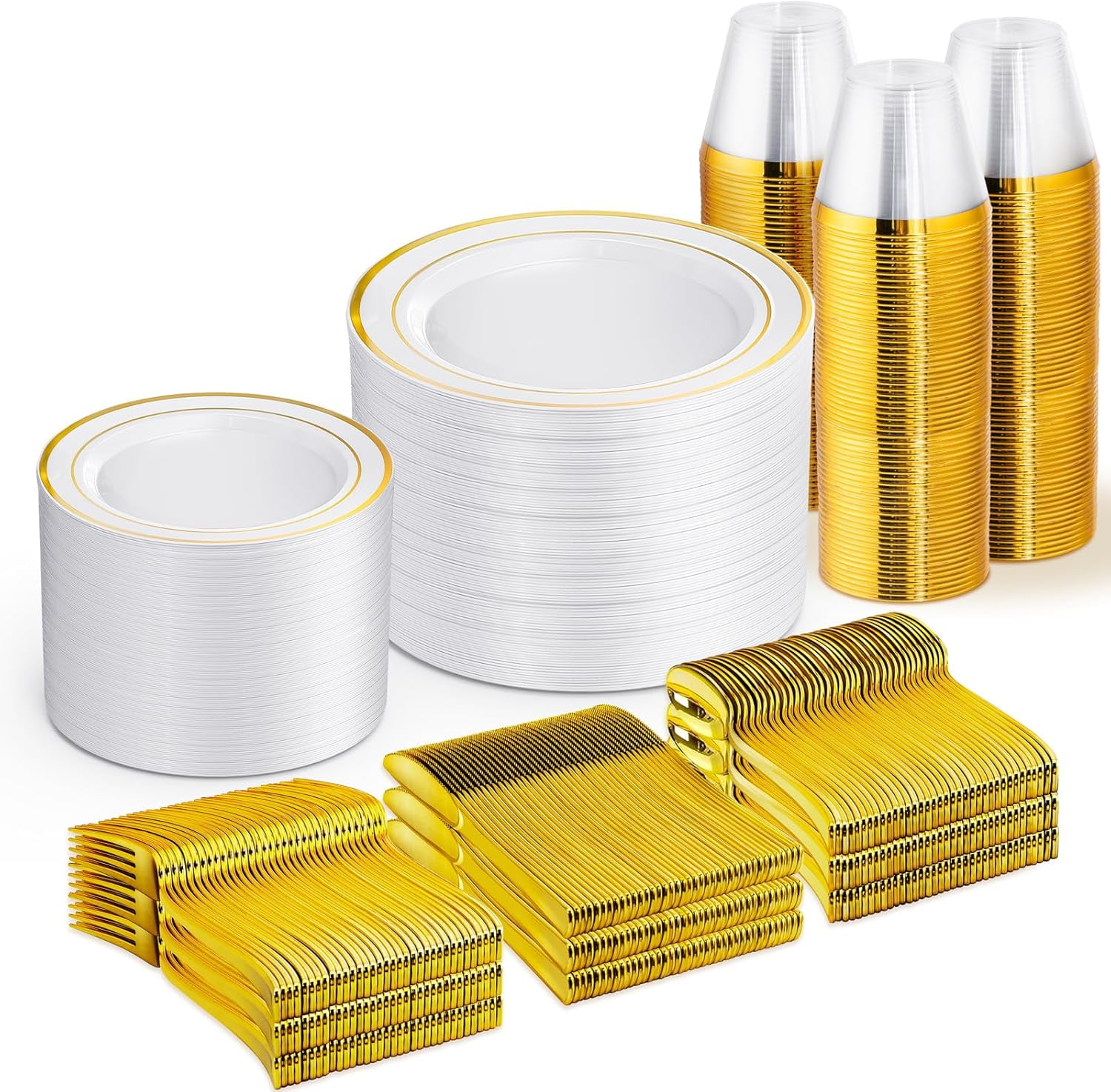 600 PCS Gold Disposable Dinnerware Set for 100 Guests, Gold and White ...