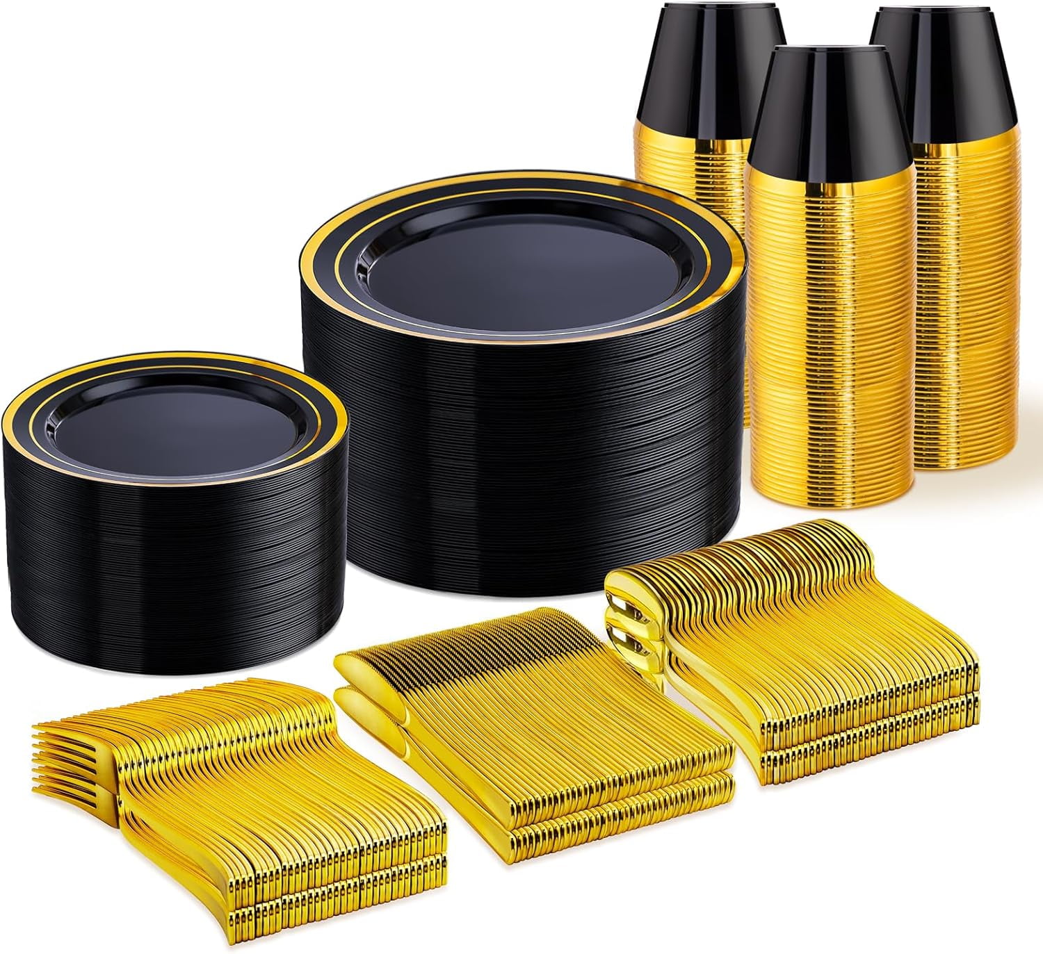 600 PCS Gold Disposable Dinnerware Set for 100 Guests, Gold and White ...