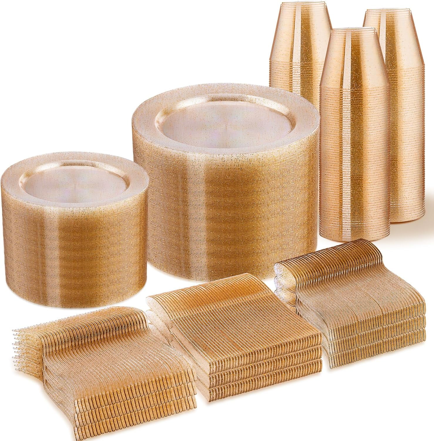600 PCS Gold Glitter Disposable Dinnerware Set for 100 Guests, Plastic ...