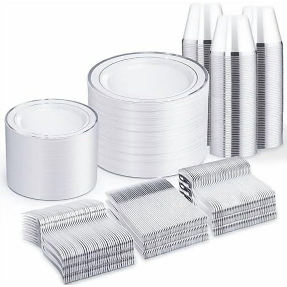 600 PCS Silver Disposable Dinnerware Set for 100 Guests, Wedding Plates ...
