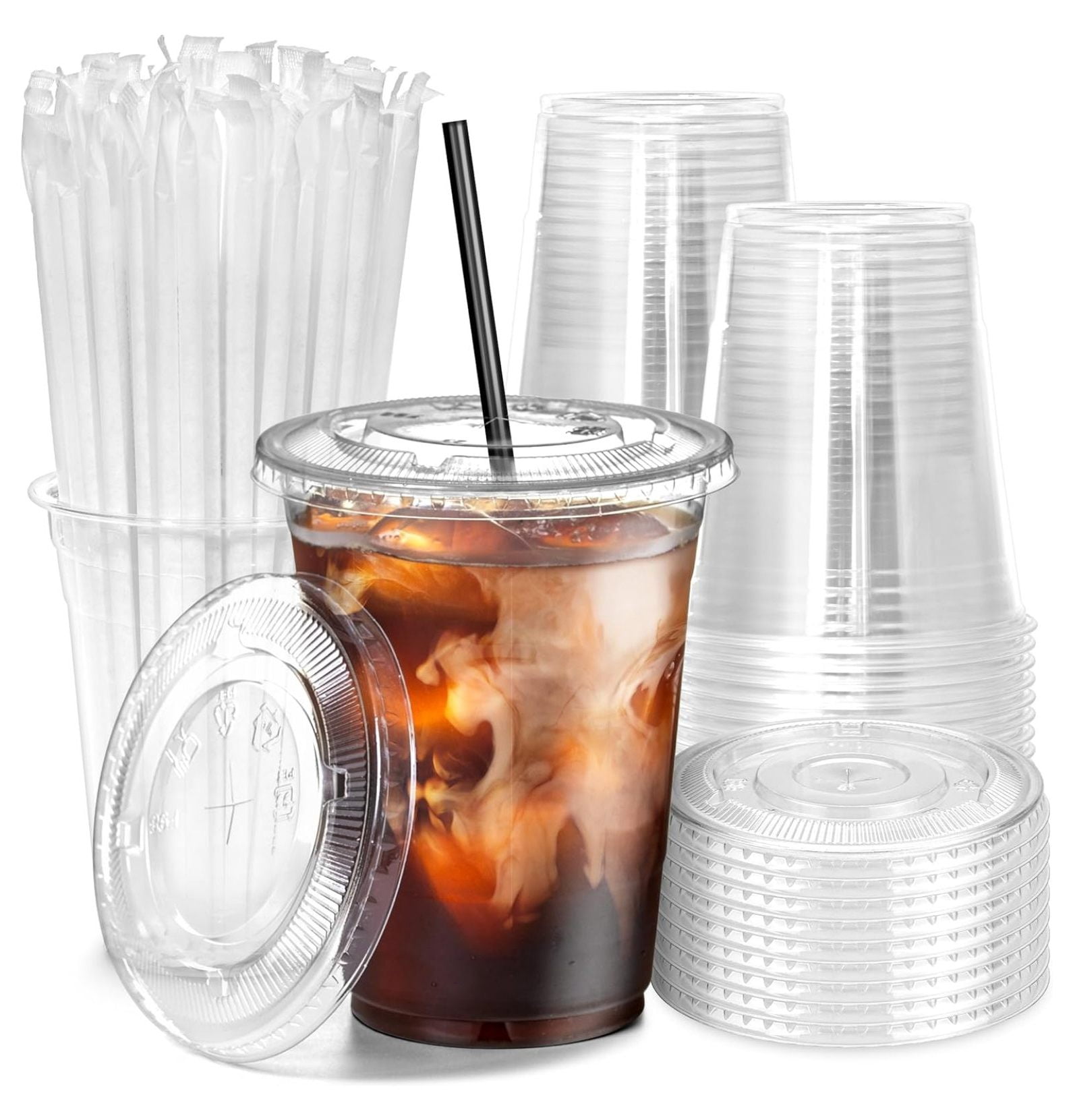 600 Pack 16 oz Plastic Iced Coffee Cups with Flat Lids and Black Straws ...