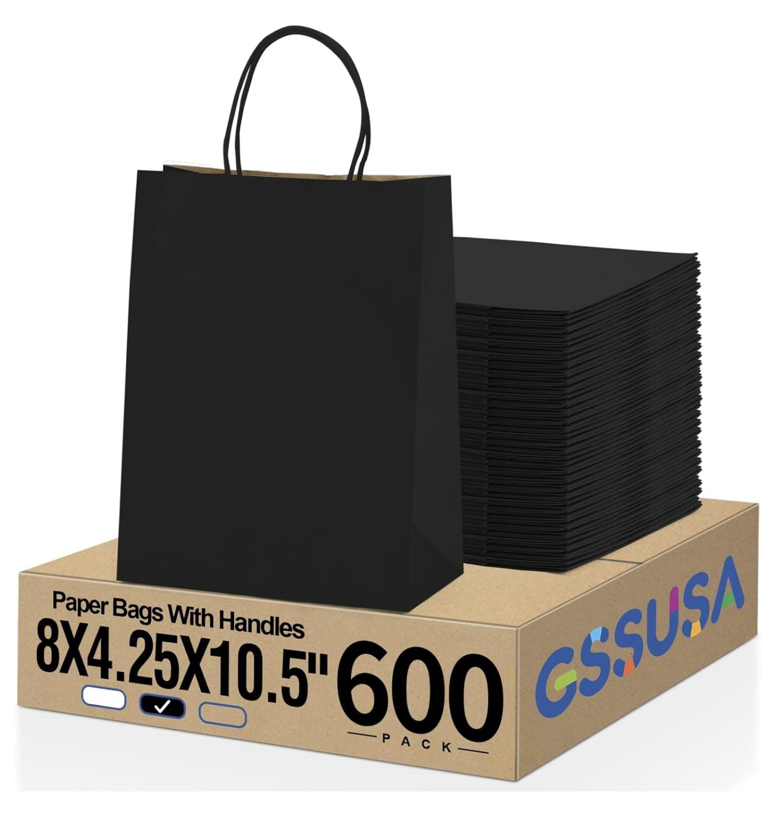 600 Pack 8x4.25x10'' Paper Bags with Handles Bulk, Black Paper Gift ...