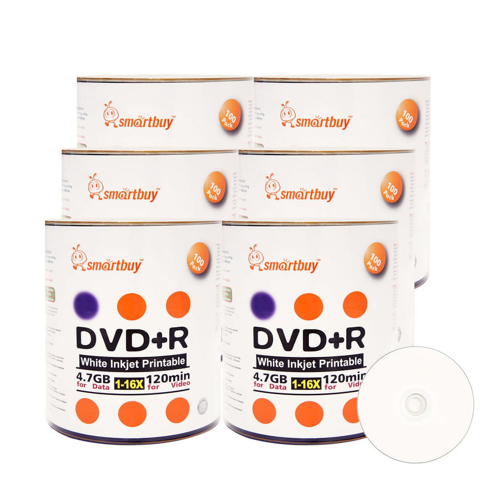 600 Pack Smartbuy 16X DVD+R DVDR 4.7GB White Inkjet Hub Printable Data ...
