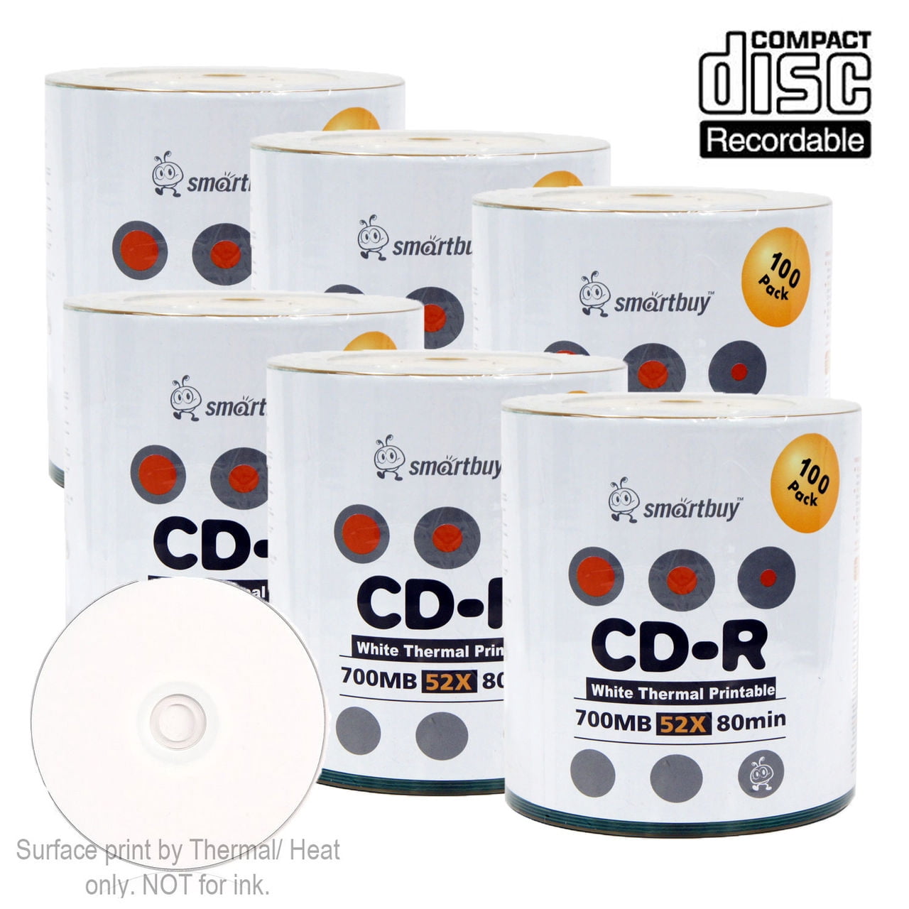600 Pack Smartbuy 52X CD-R 700MB 80Min White Thermal Hub Printable Data ...