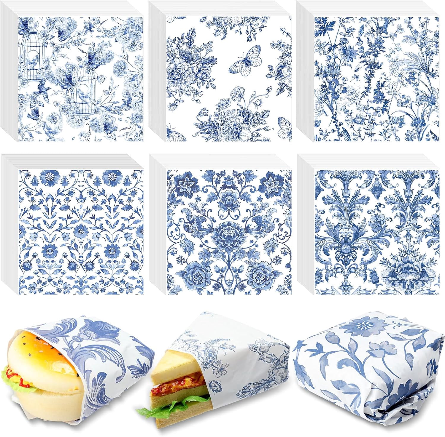 600 Pcs Wax Paper Sheets for Food Blue Floral Chinoiserie Bird Deli ...