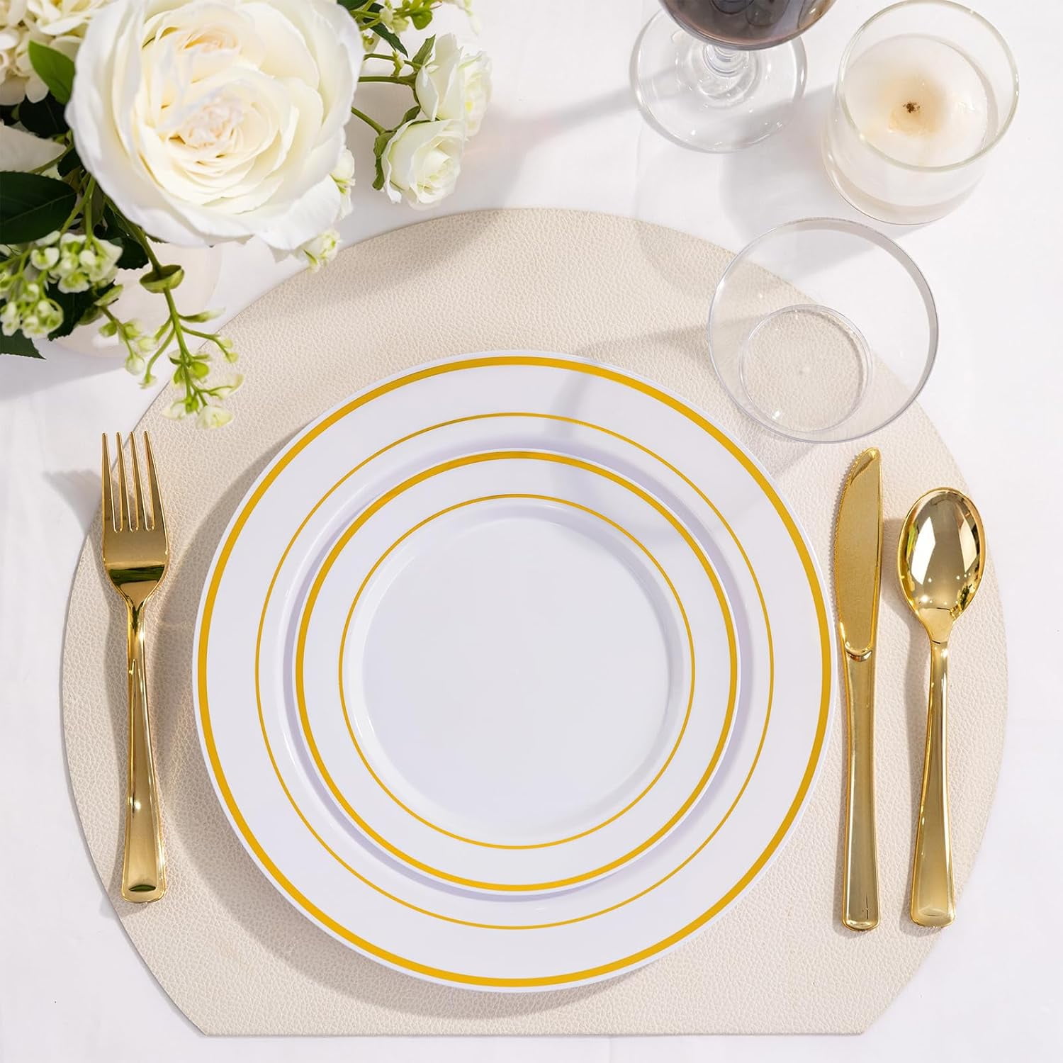 600-Piece Gold and White Plastic Dinnerware Set — Dinner & Salad Plates ...