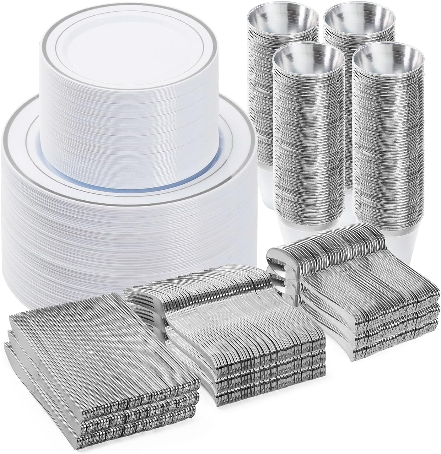 600-Piece Silver Disposable Dinnerware Set for 100 Guests Including ...