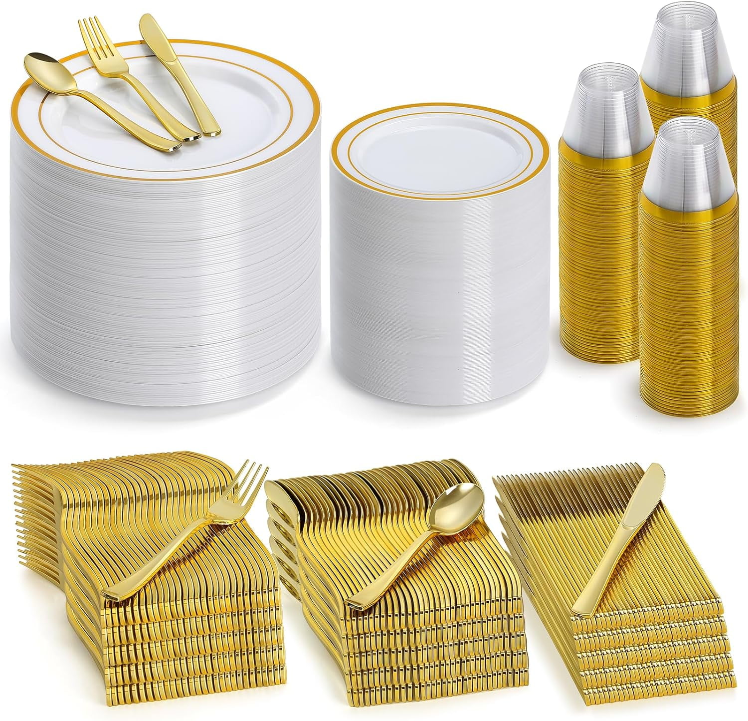 600 Pieces Gold Plastic Dinnerware for 100 Guests, Disposable Plastic ...
